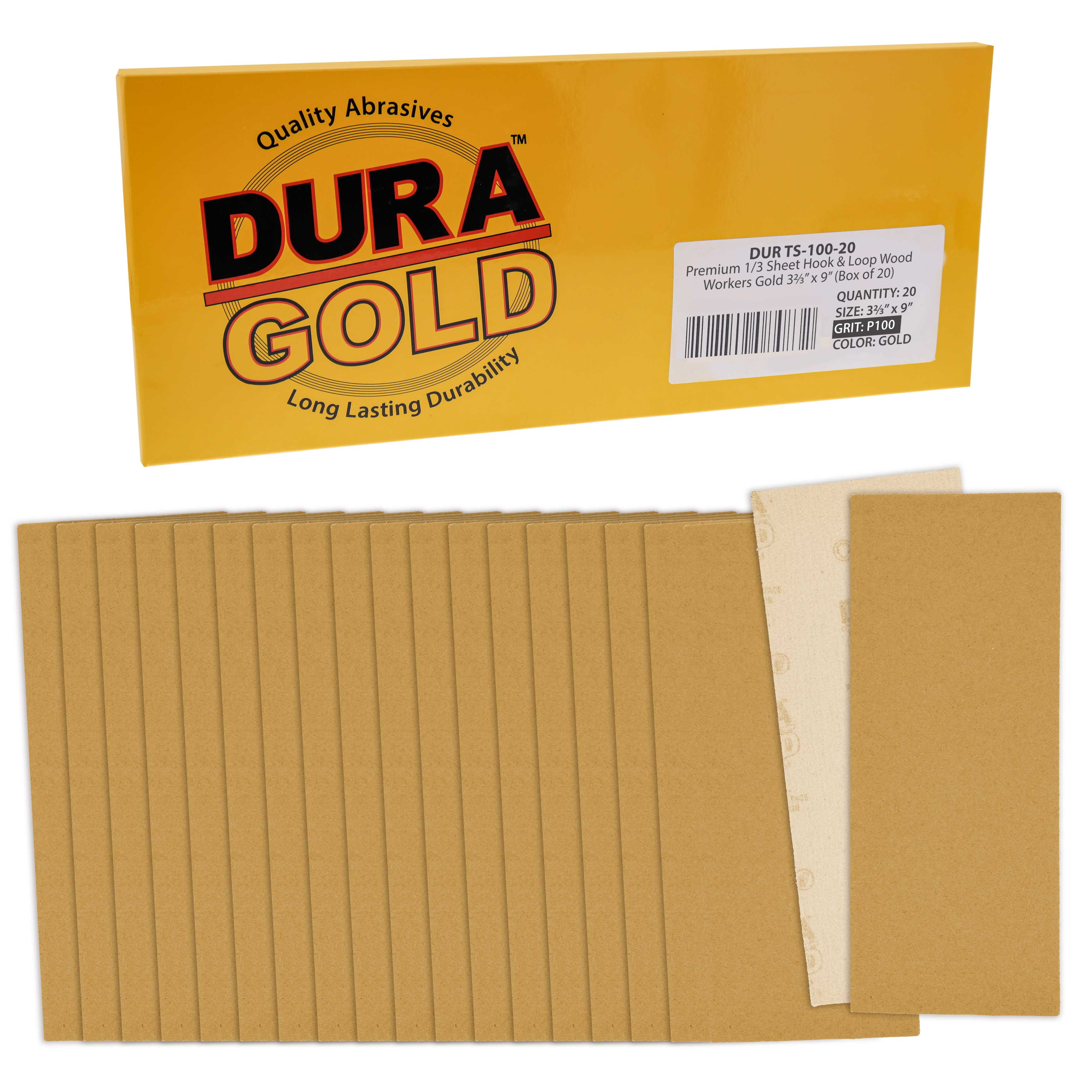 Dura-Gold 1/3 Sheet Gold Sandpaper Sheets, 100 Grit (Box of 20) - 3-2/3 ...