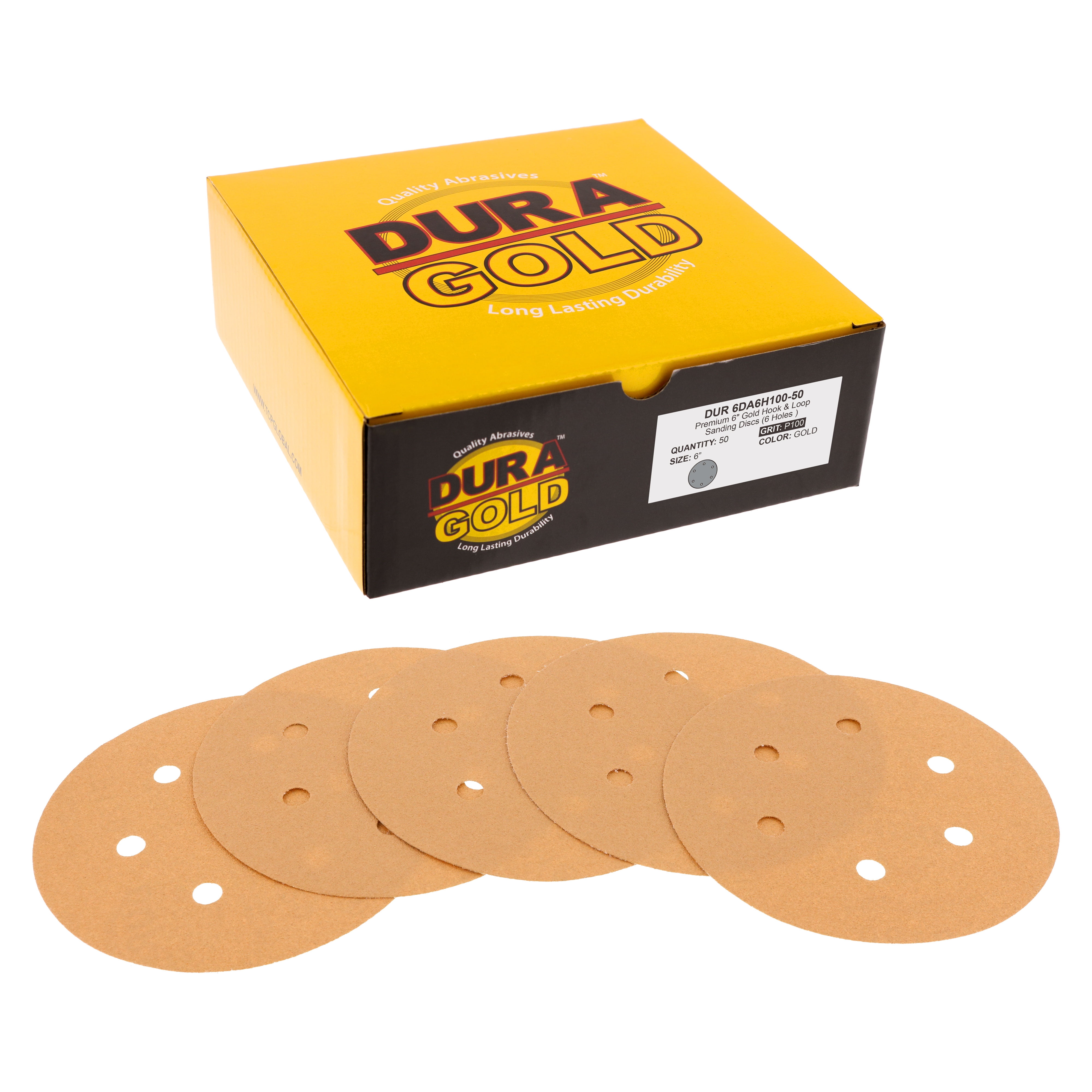 Dura-Gold Premium 100 Grit 6" Gold Sandpaper Discs, 6 Hole Pattern ...
