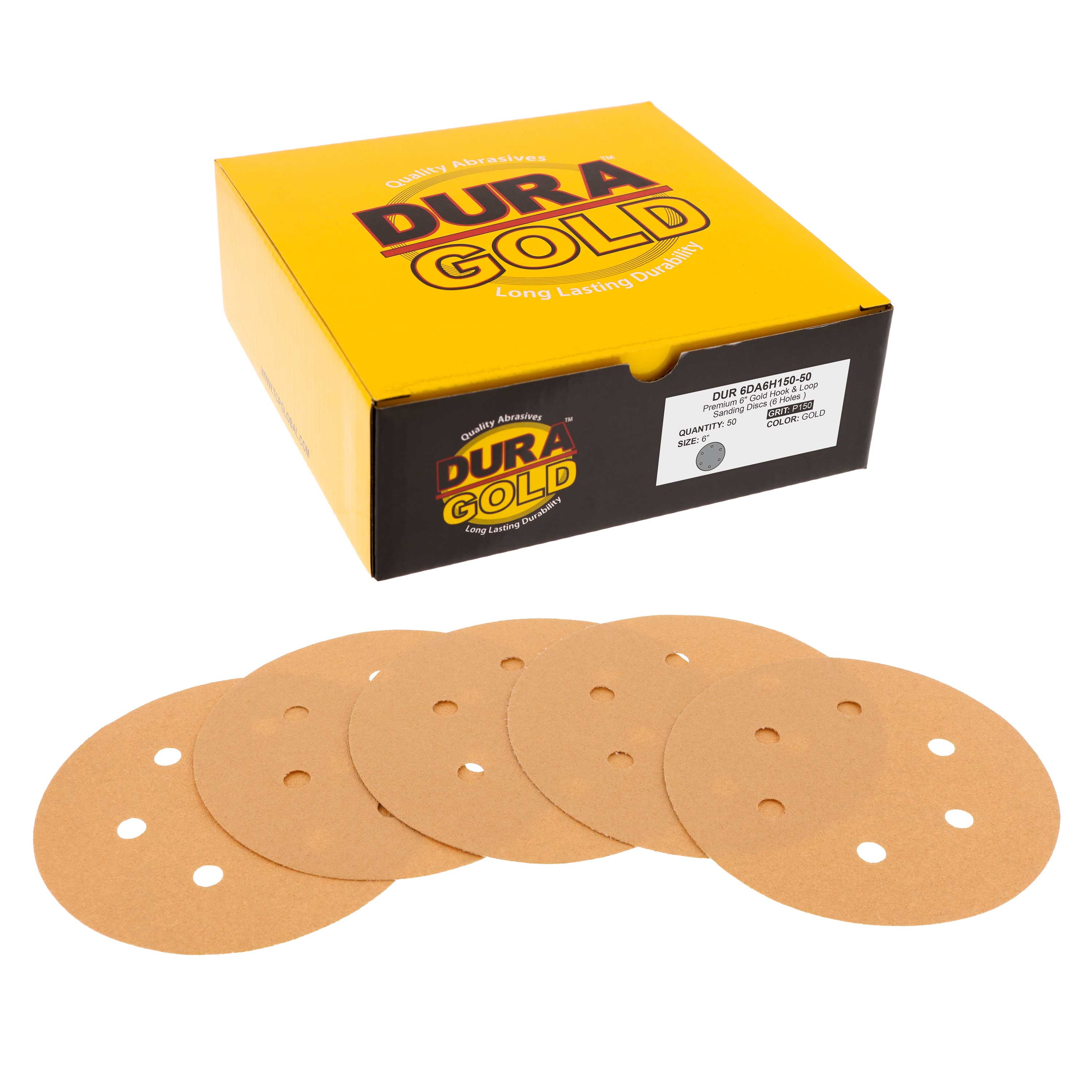 Dura-Gold Premium 150 Grit 6" Gold Sandpaper Discs, 6 Hole Pattern ...