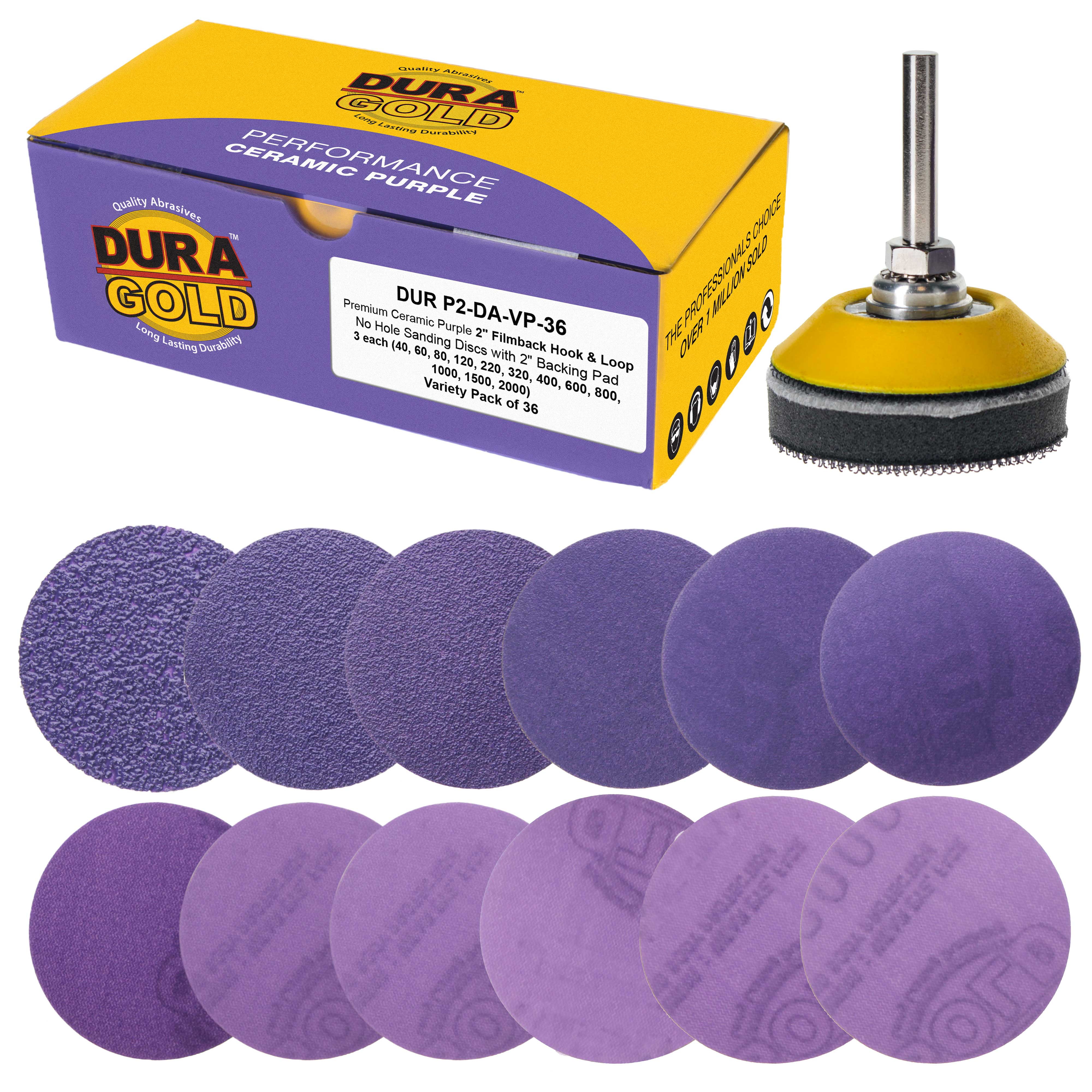Dura-Gold Premium 2" Purple Film Ceramic Sanding Discs, 36 Disc Variety ...