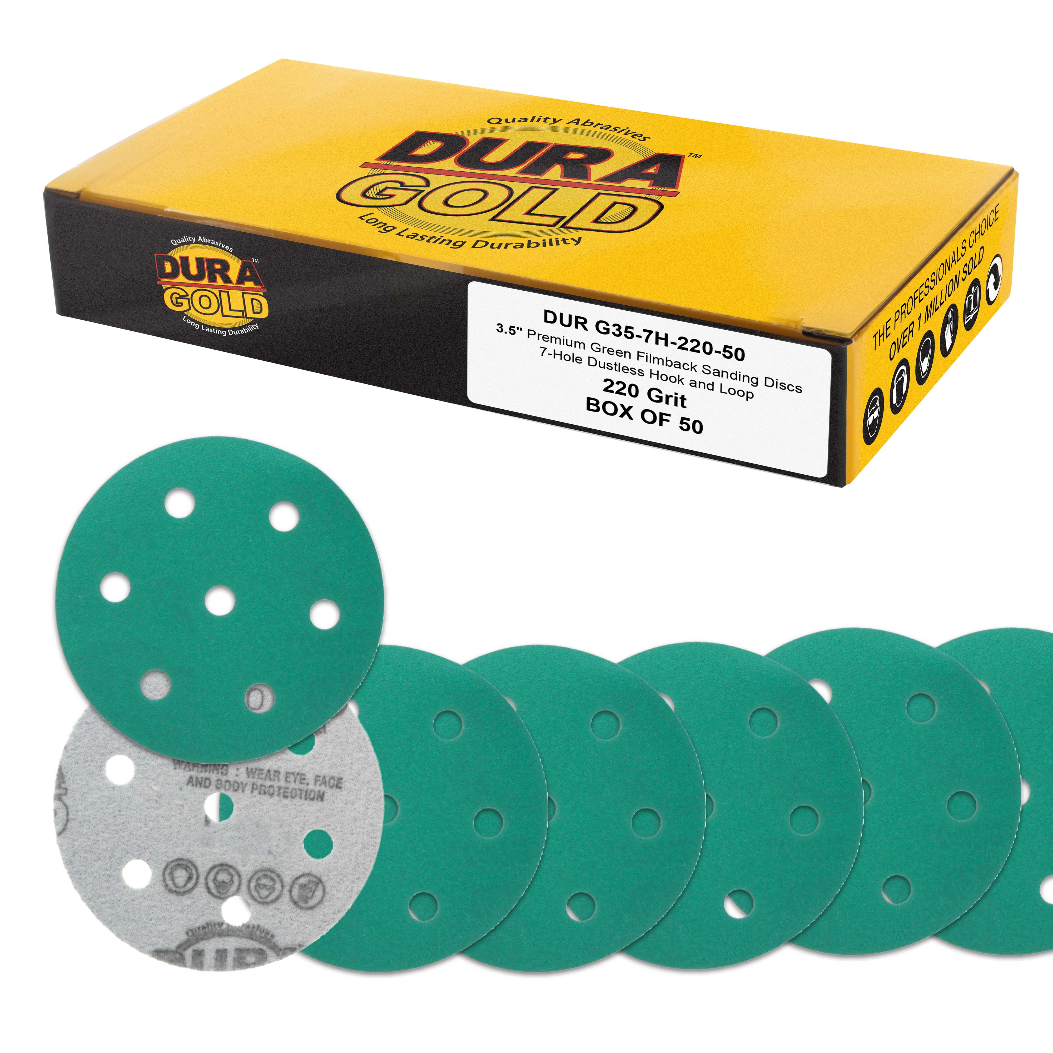 Dura-Gold Premium 220 Grit 3.5" (90mm) Green Film Sanding Discs, 7-Hole ...