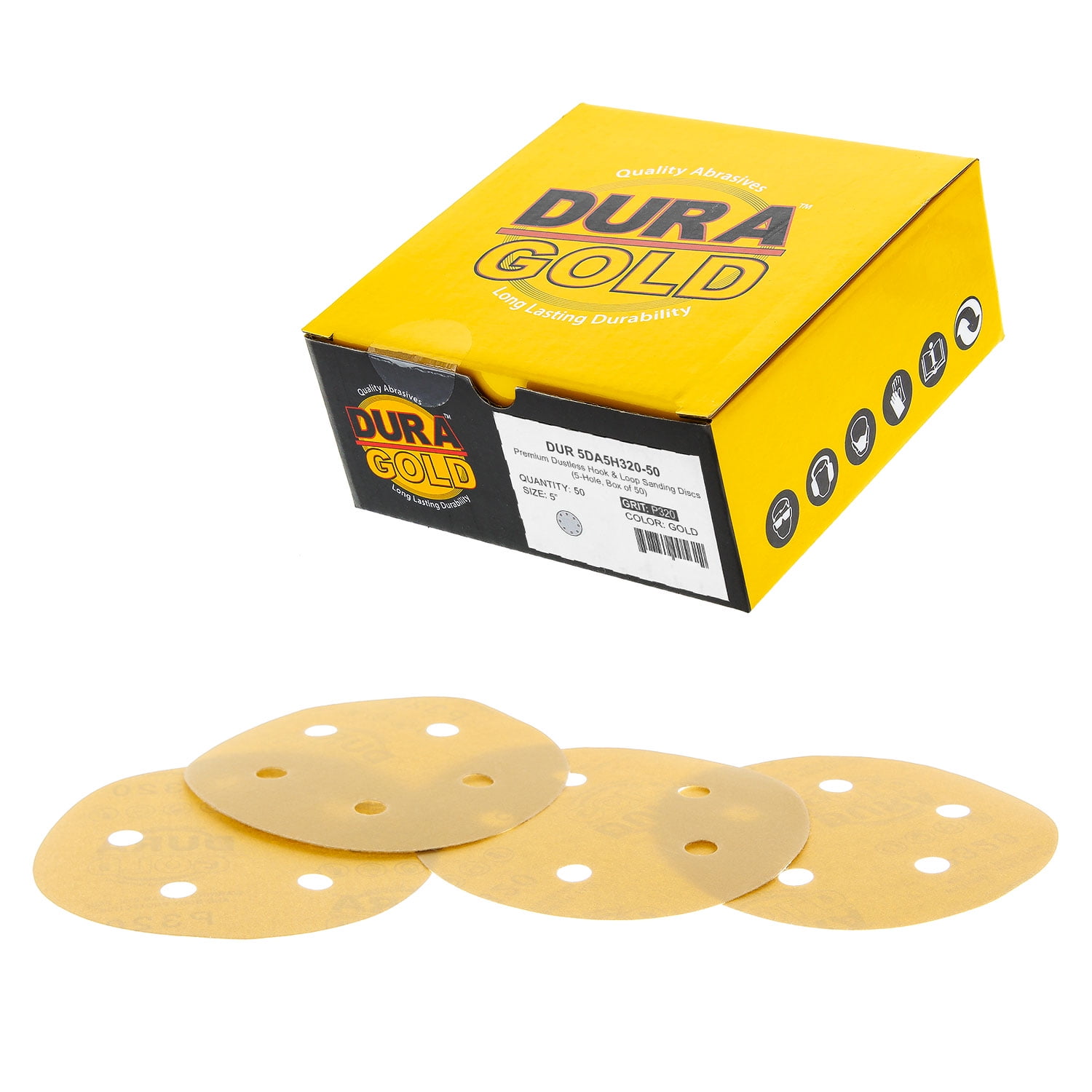 Dura-Gold - Premium - 320 Grit - 5" Gold Sanding Discs - 5-Hole ...