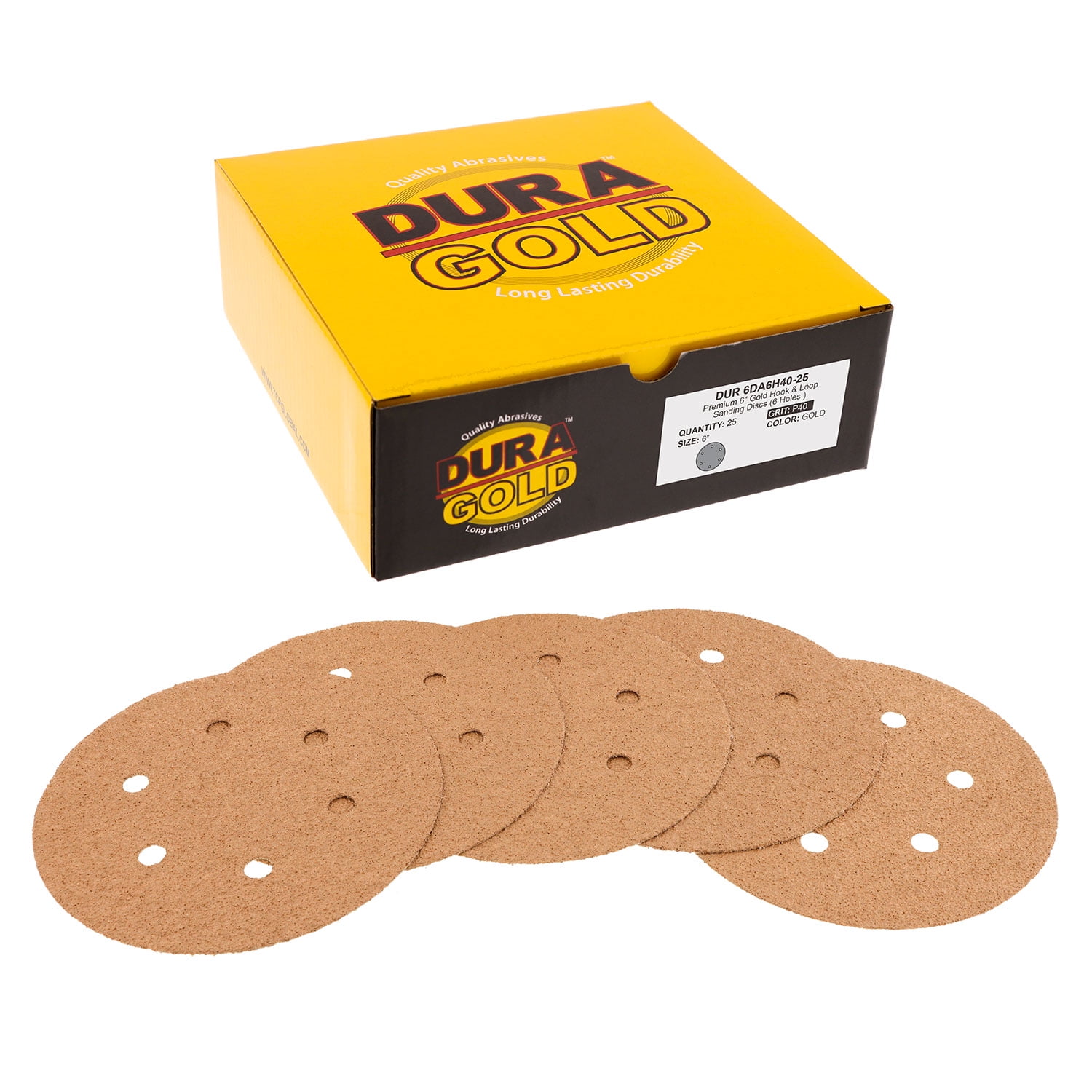 Dura-Gold Premium 40 Grit 6" Gold Sandpaper Discs, 6 Hole Pattern ...