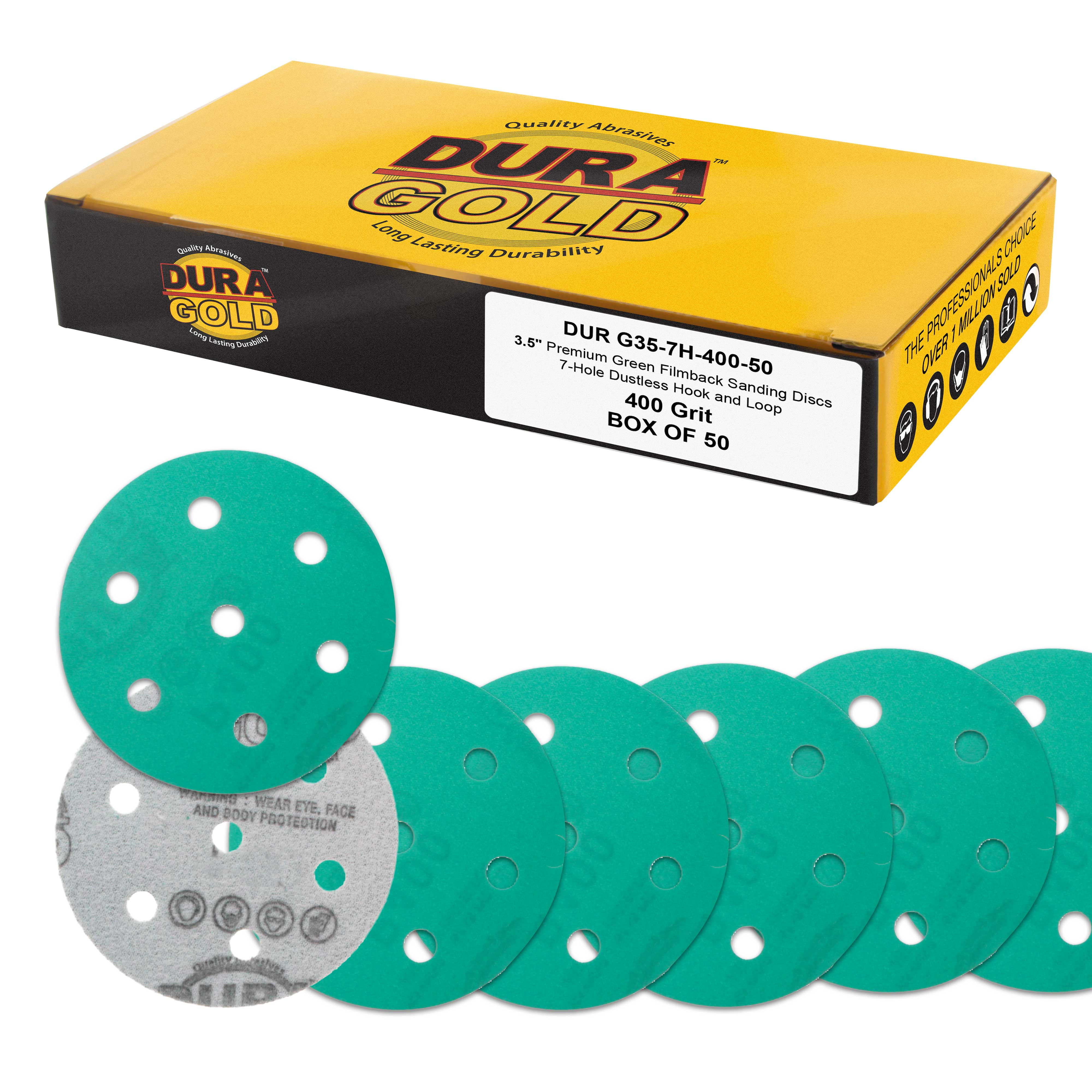 Dura-Gold Premium 400 Grit 3.5" (90mm) Green Film Sanding Discs, 7-Hole ...