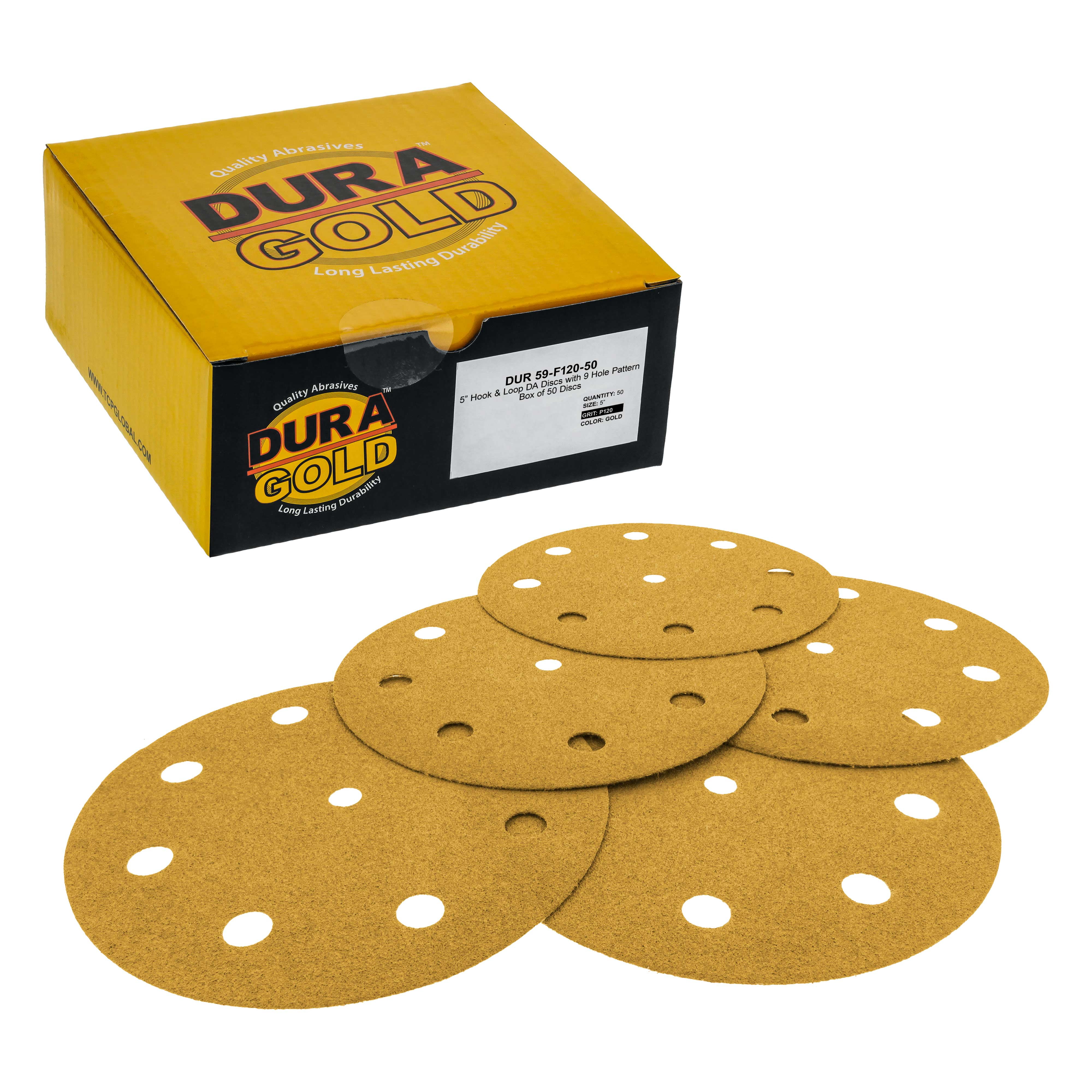 Dura-Gold Premium 5" Gold Sanding Discs - 120 Grit (Box of 50) - 9 Hole ...