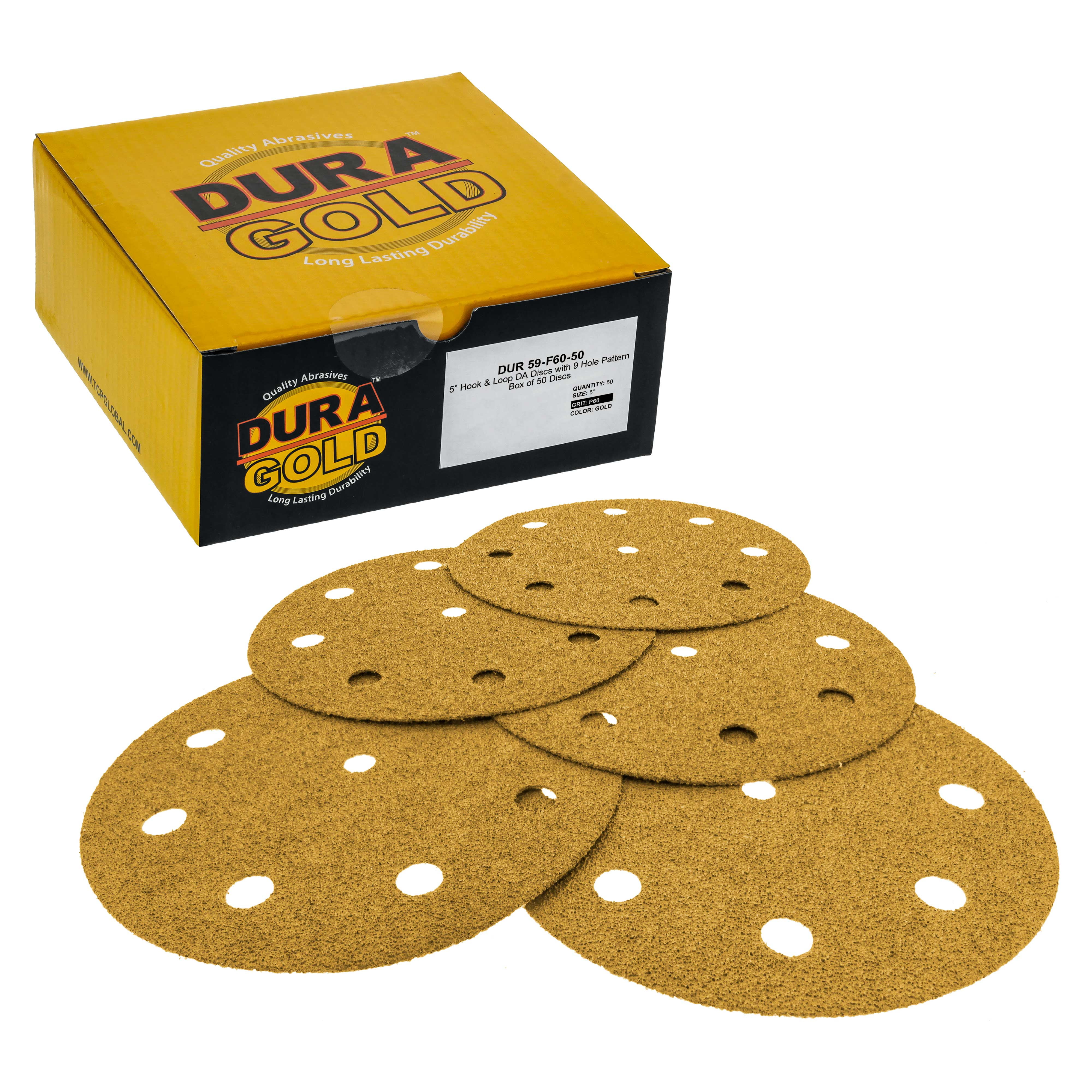 Dura-Gold Premium 5" Gold Sanding Discs - 60 Grit (Box of 50) - 9 Hole ...