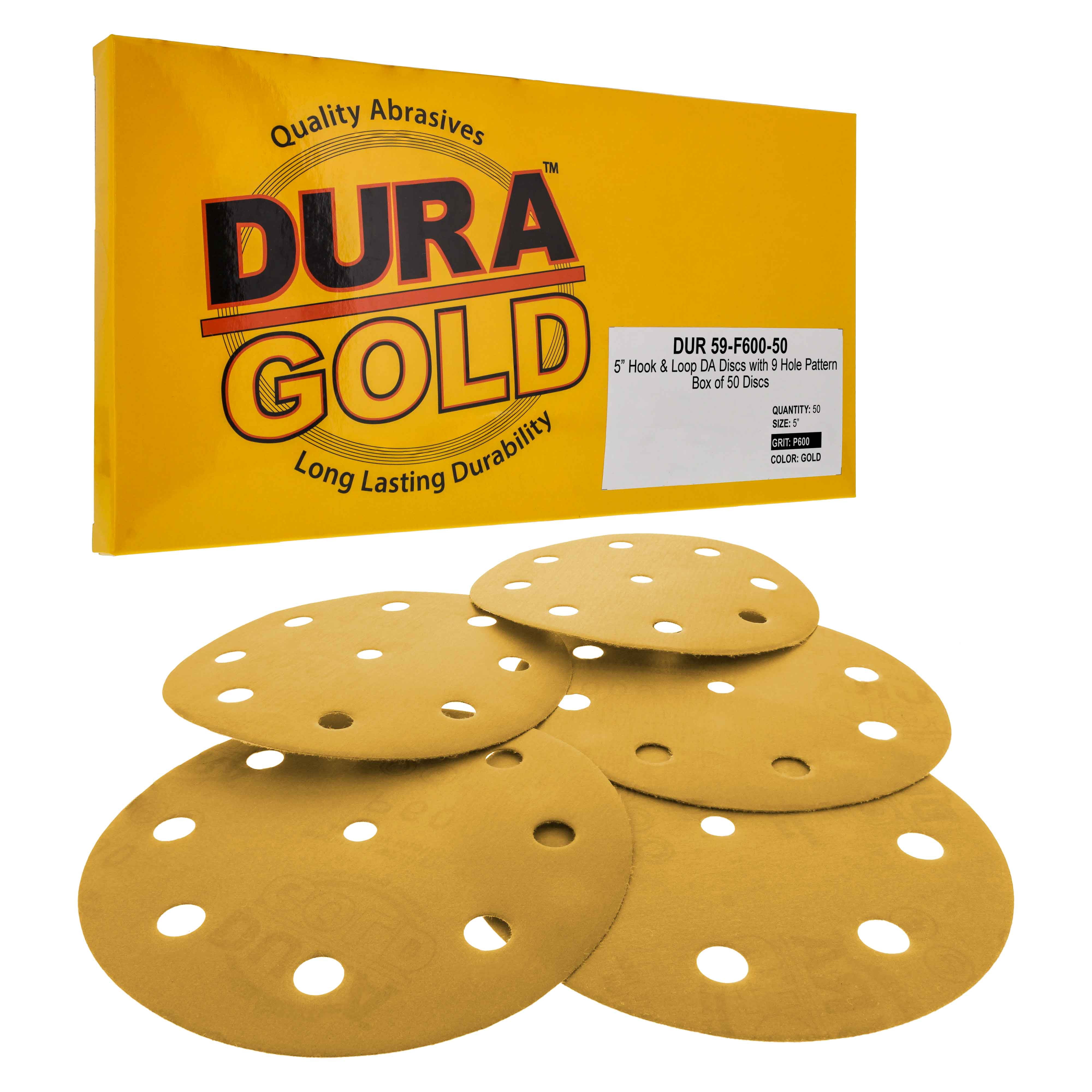 Dura-Gold Premium 5" Gold Sanding Discs - 600 Grit (Box of 50) - 9 Hole ...