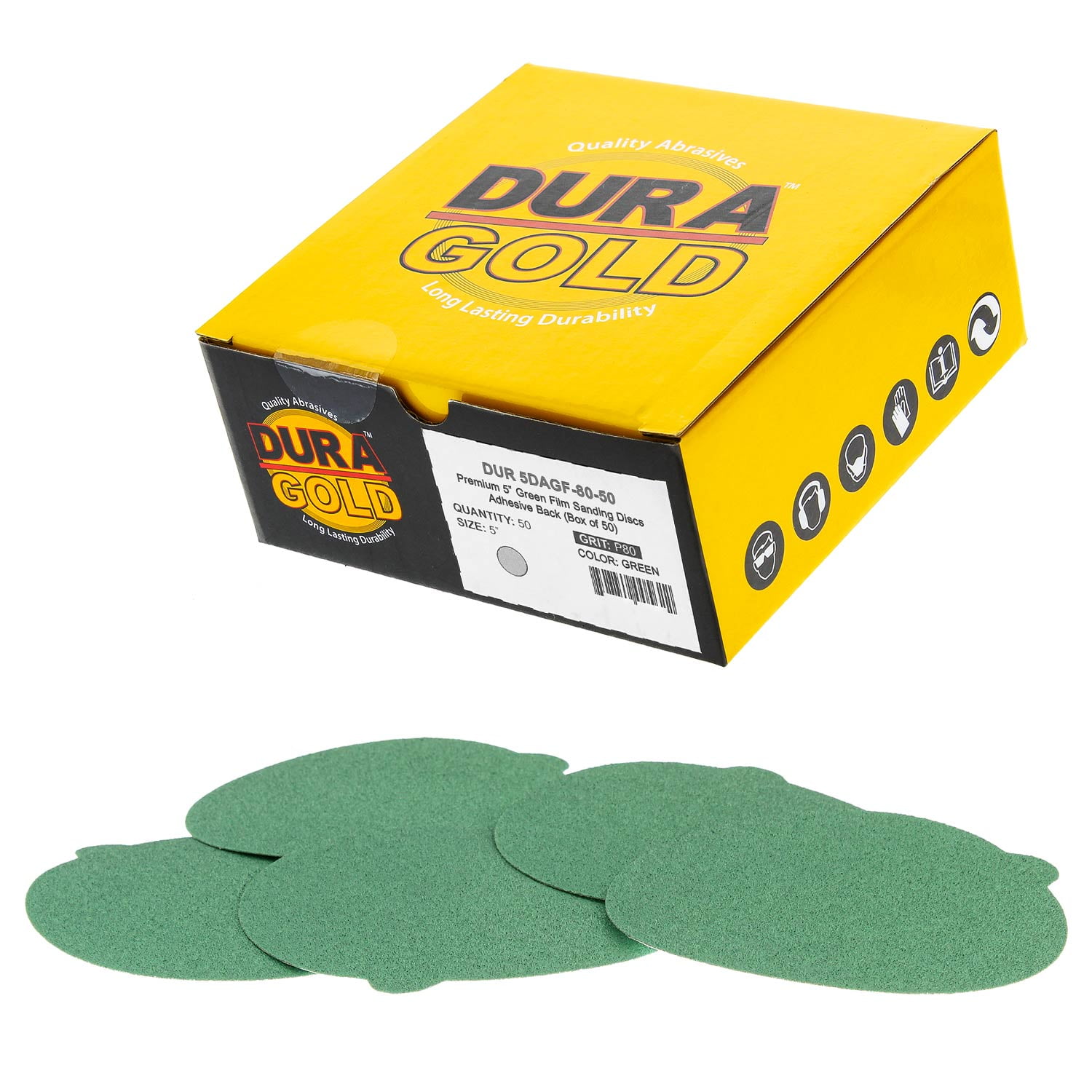 Dura-Gold Premium 5" Green Film PSA Sanding Discs - 80 Grit (Box of 50 ...
