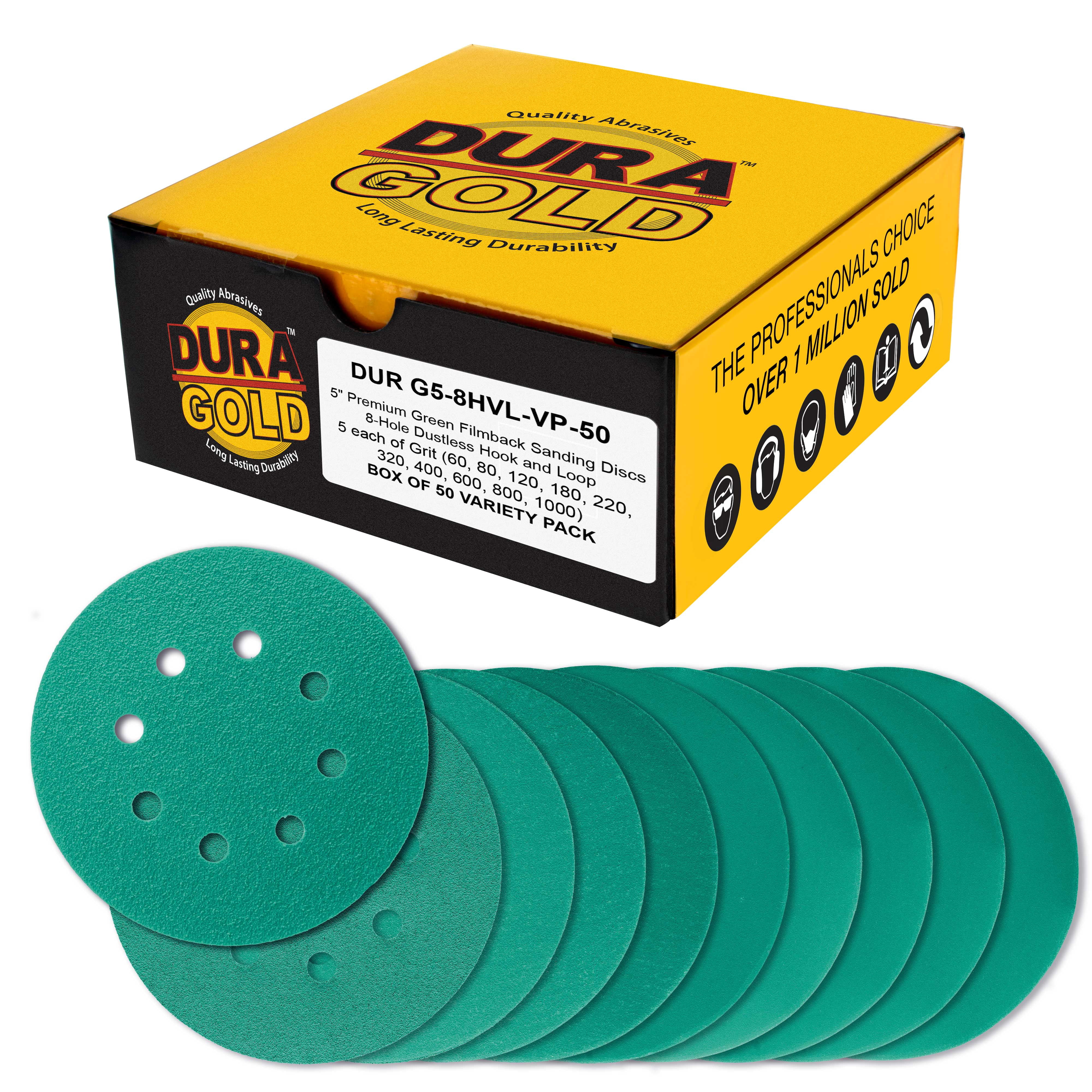 Dura-Gold Premium 5" Green Film Sanding Discs, 8-Hole Pattern, 50 Disc ...