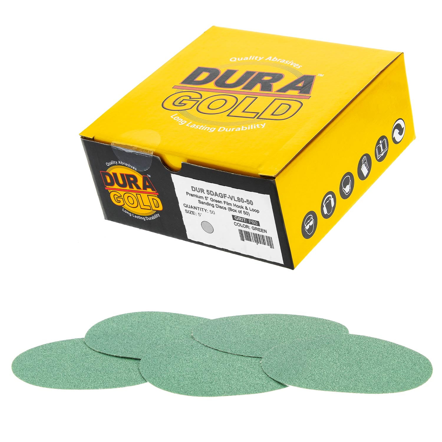 Dura-Gold Premium 5" Green Film Sanding Discs - 80 Grit (Box of 50 ...