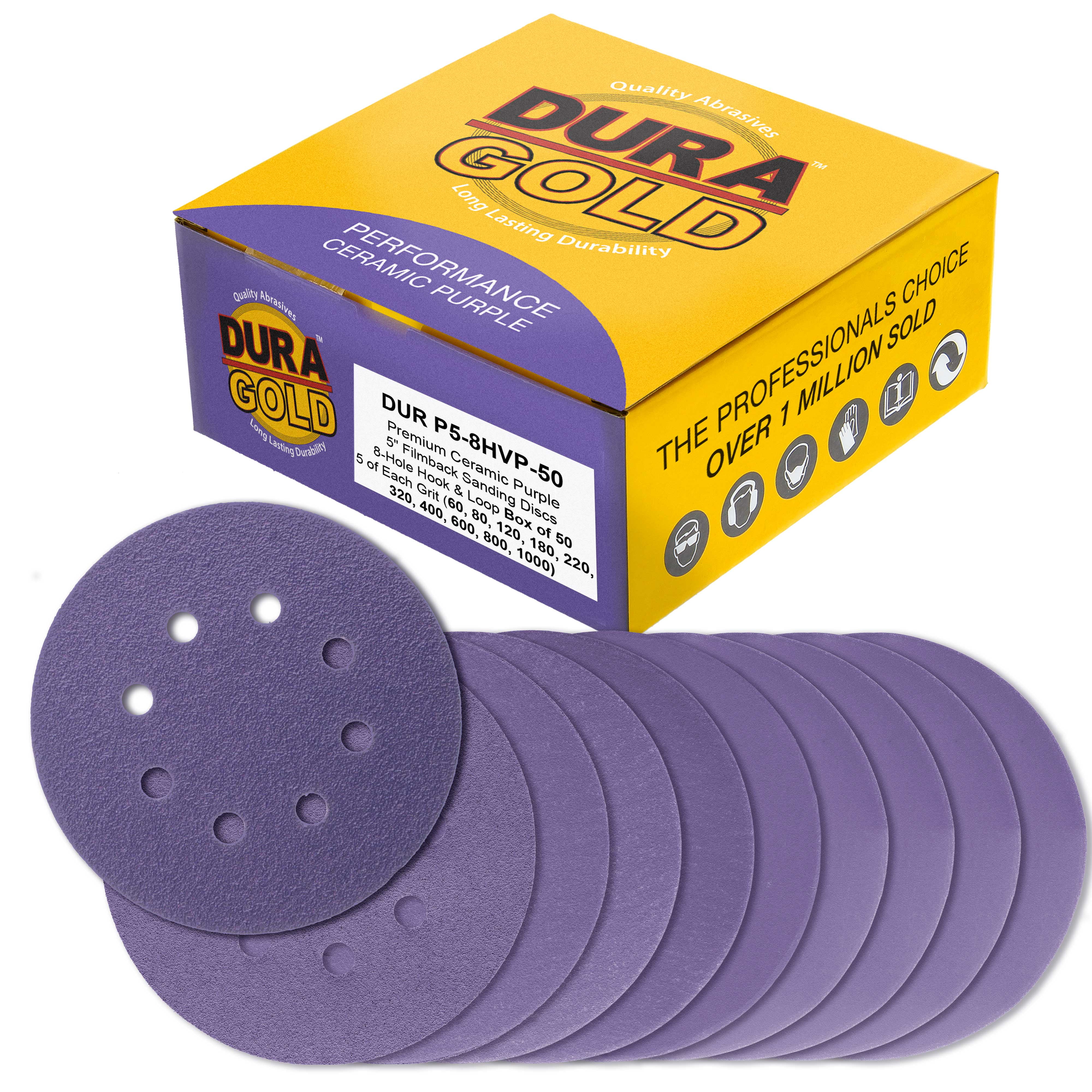 Dura-Gold Premium 5" Purple Film Ceramic Sanding Discs, 8-Hole Pattern ...