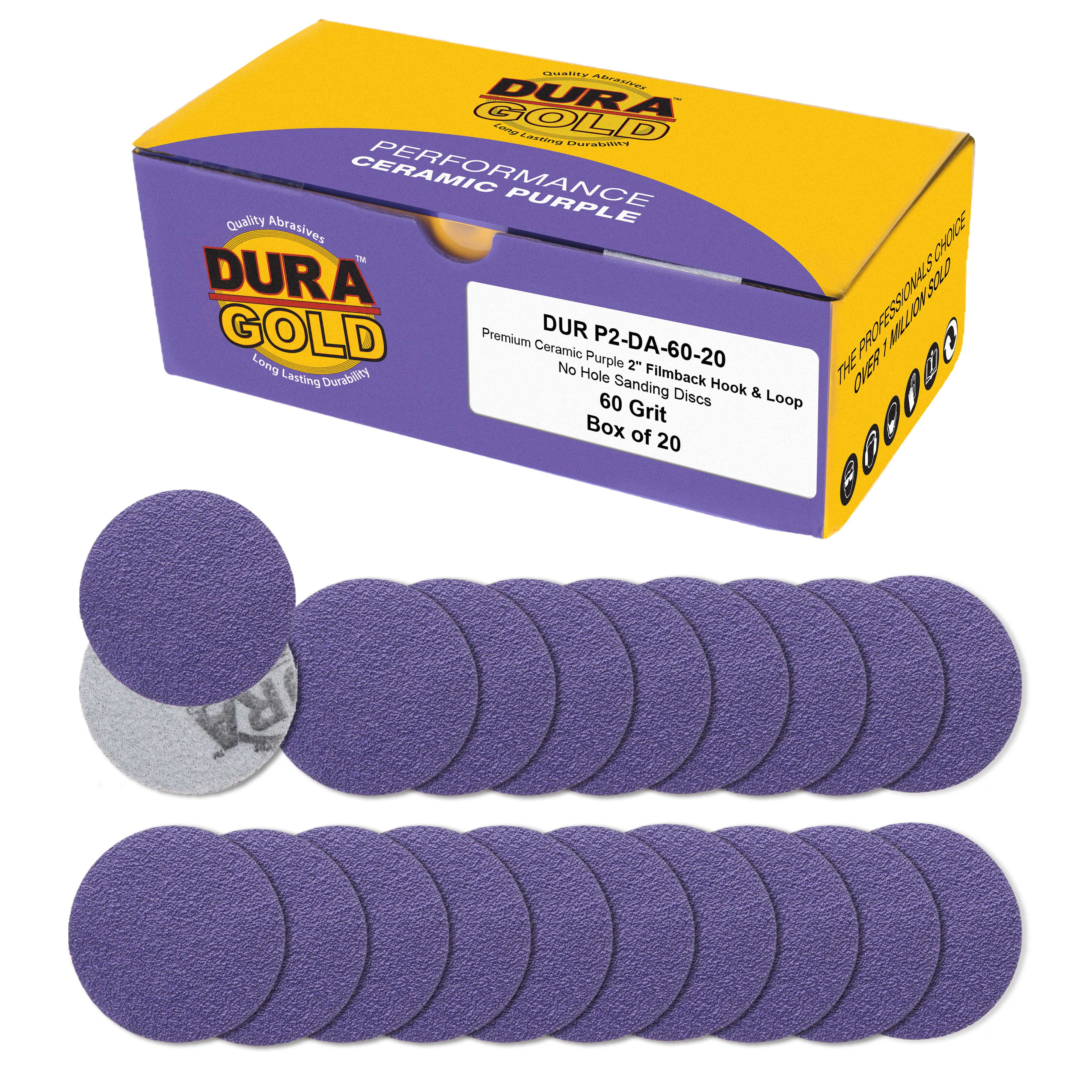 Dura-Gold Premium 60 Grit 2" Purple Film Ceramic Sanding Discs, Box of 20 - Hook & Loop Backing ...