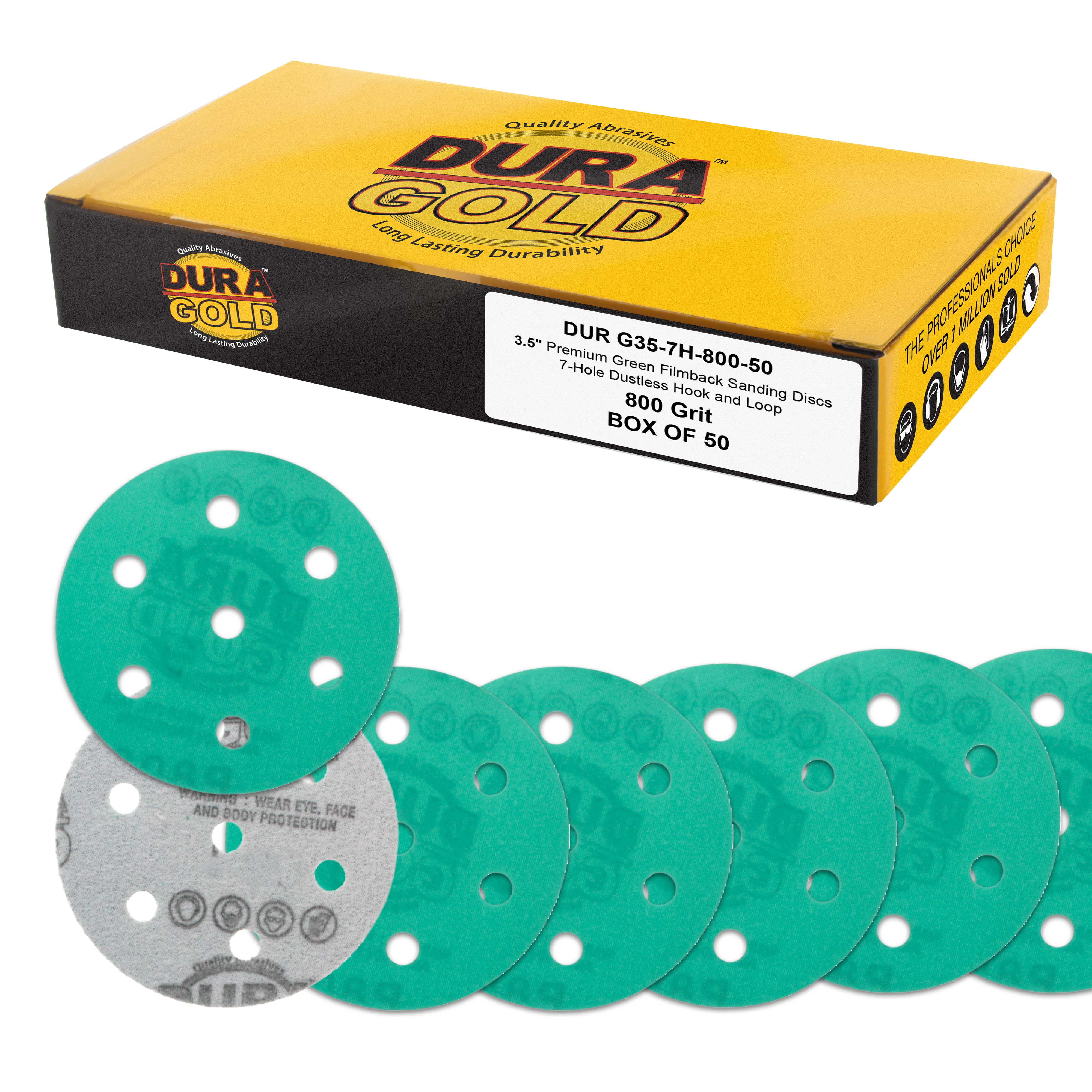 Dura-Gold Premium 800 Grit 3.5" (90mm) Green Film Sanding Discs, 7-Hole ...