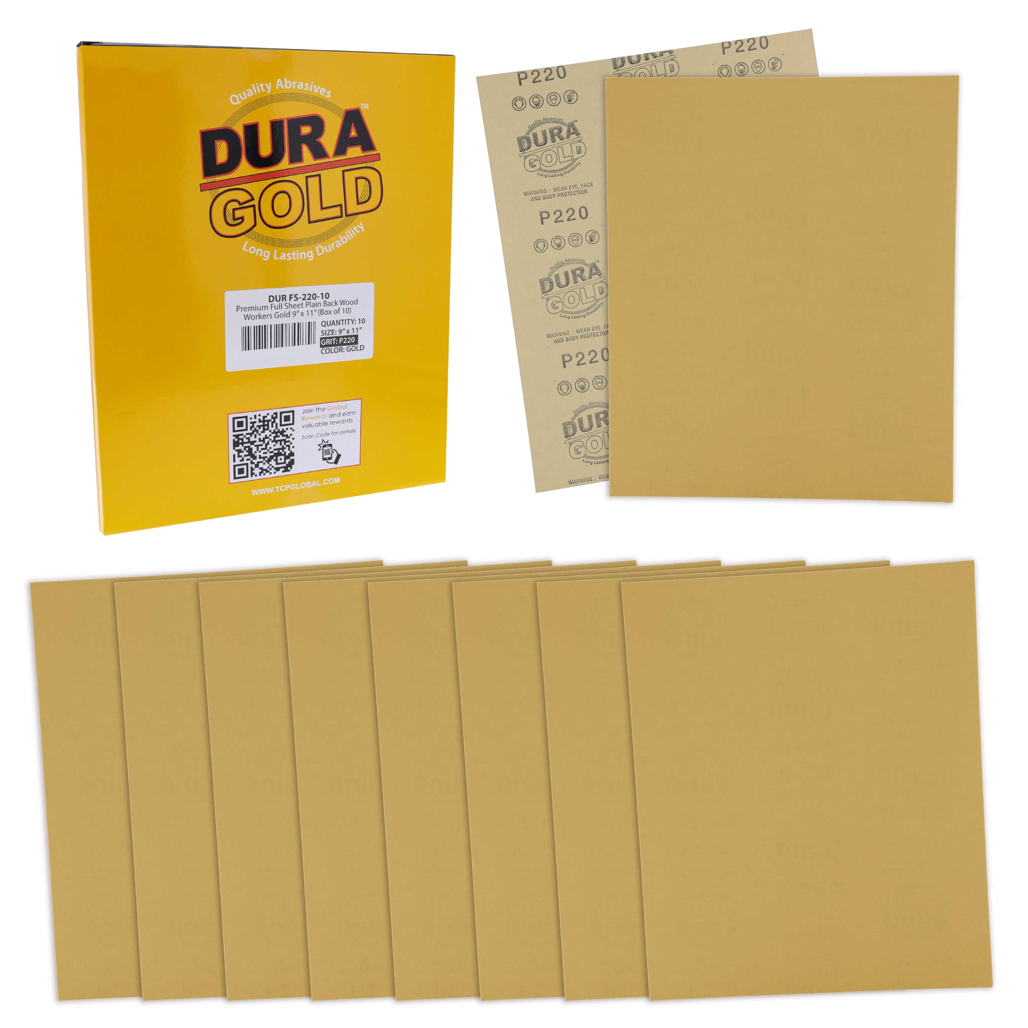 Dura-Gold Premium 9" x 11" Sandpaper Sheets, 220 Grit, Box of 10 ...