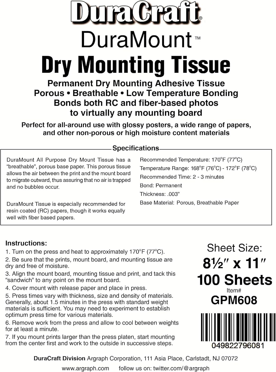 DuraCraft DuraMount Dry Mount Tissue 8 1/2 x 11, 100 Sheets - Walmart.com