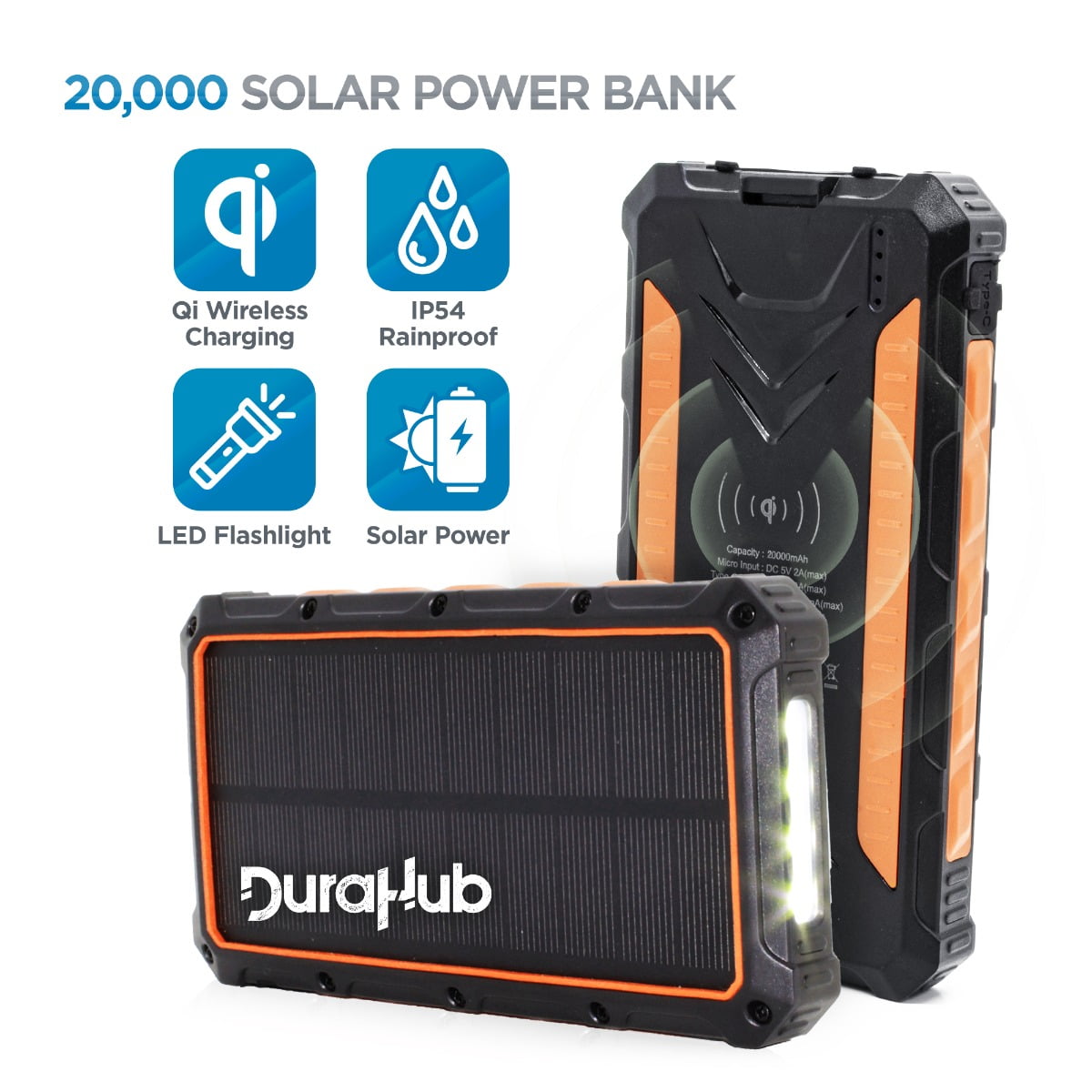 DuraHub - Solar Power USB Battery Bank with QI Wireless, Orange - True ...