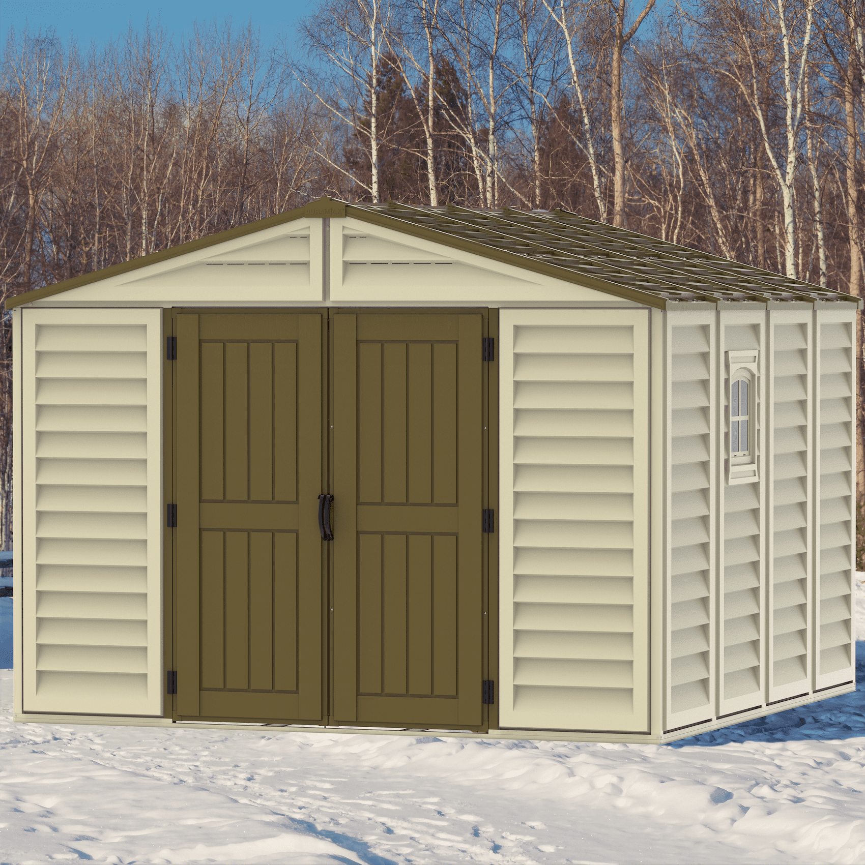 DuraMax 10.5ft x 10.5 ft Woodbridge Plus Vinyl Shed w/ Foundation Kit ...