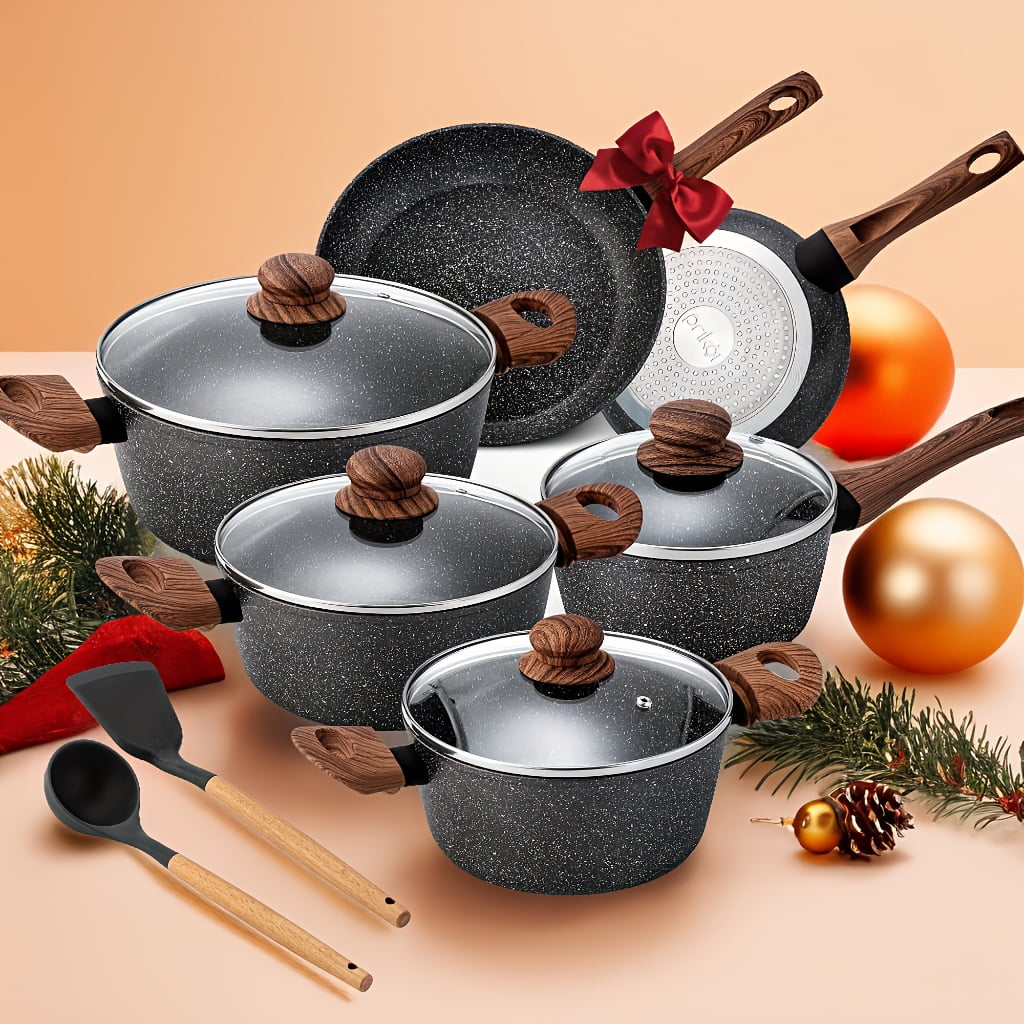 Durable 12pcs Granite Non-Stick Cookware Set - 5-Layer Aluminum Pots ...