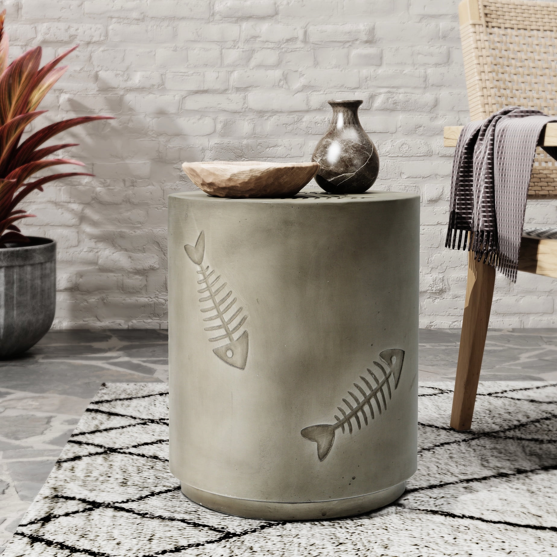 Durable 16-inch Round Grey Side Table with Fish Design - Weatherproof ...