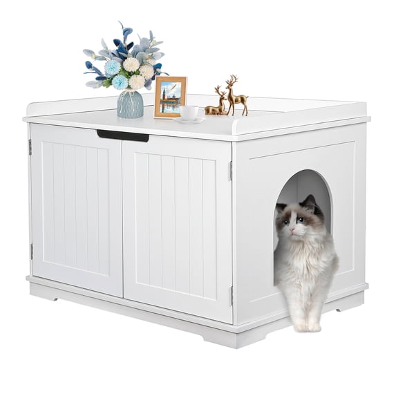 Durable 2 Door Wood Cat Litter Box Enclosure Cat Washroom Storage Bench ...