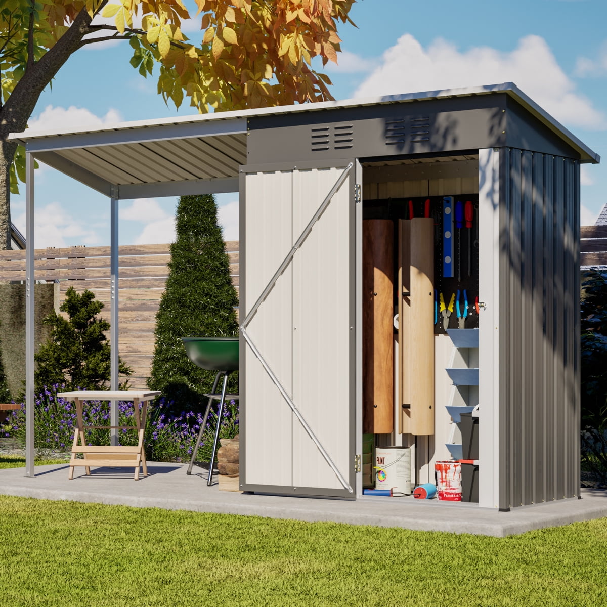 Durable 5x3FT Galvanized Steel Shed & Gazebo Combo, Easy Assembly Lean ...