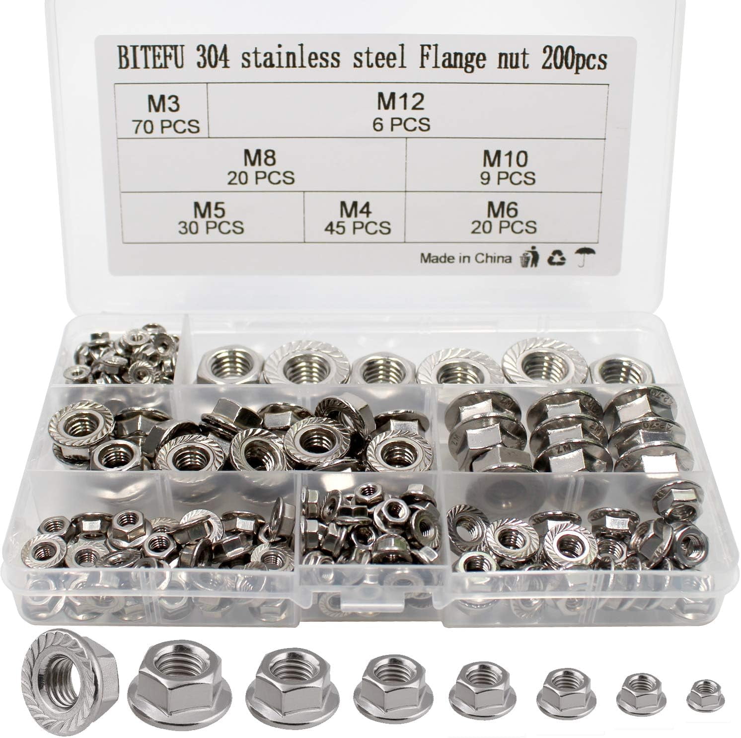 Durable Assortment Kit, Serrated Flange Nuts 200 Pieces A2-70 Stainless ...