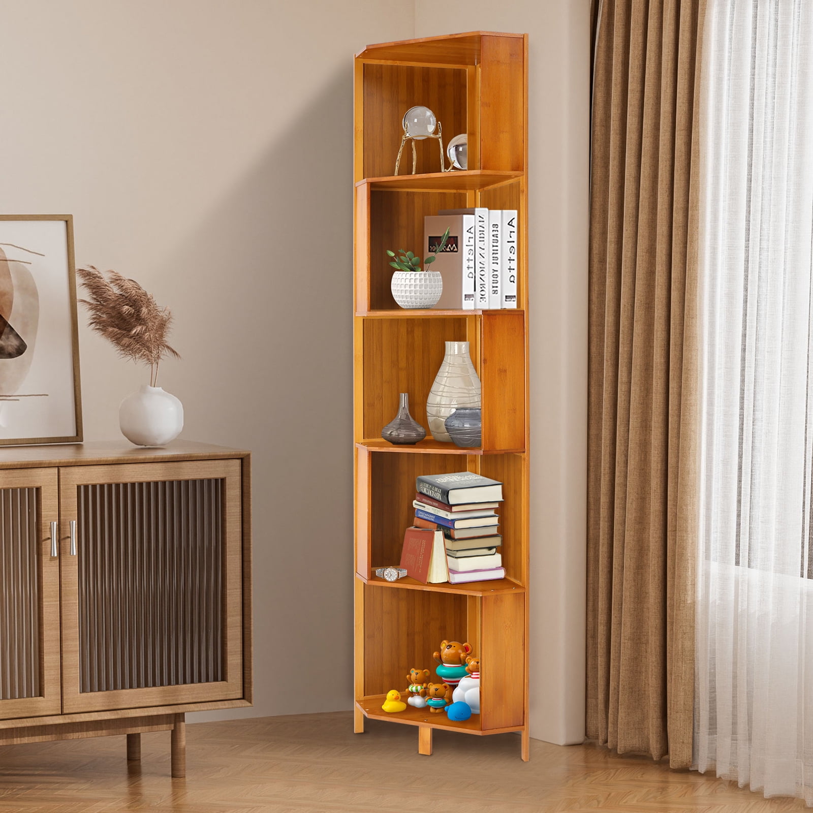 Durable Bamboo Corner Bookshelf with Strong Load-Bearing Capacity ...