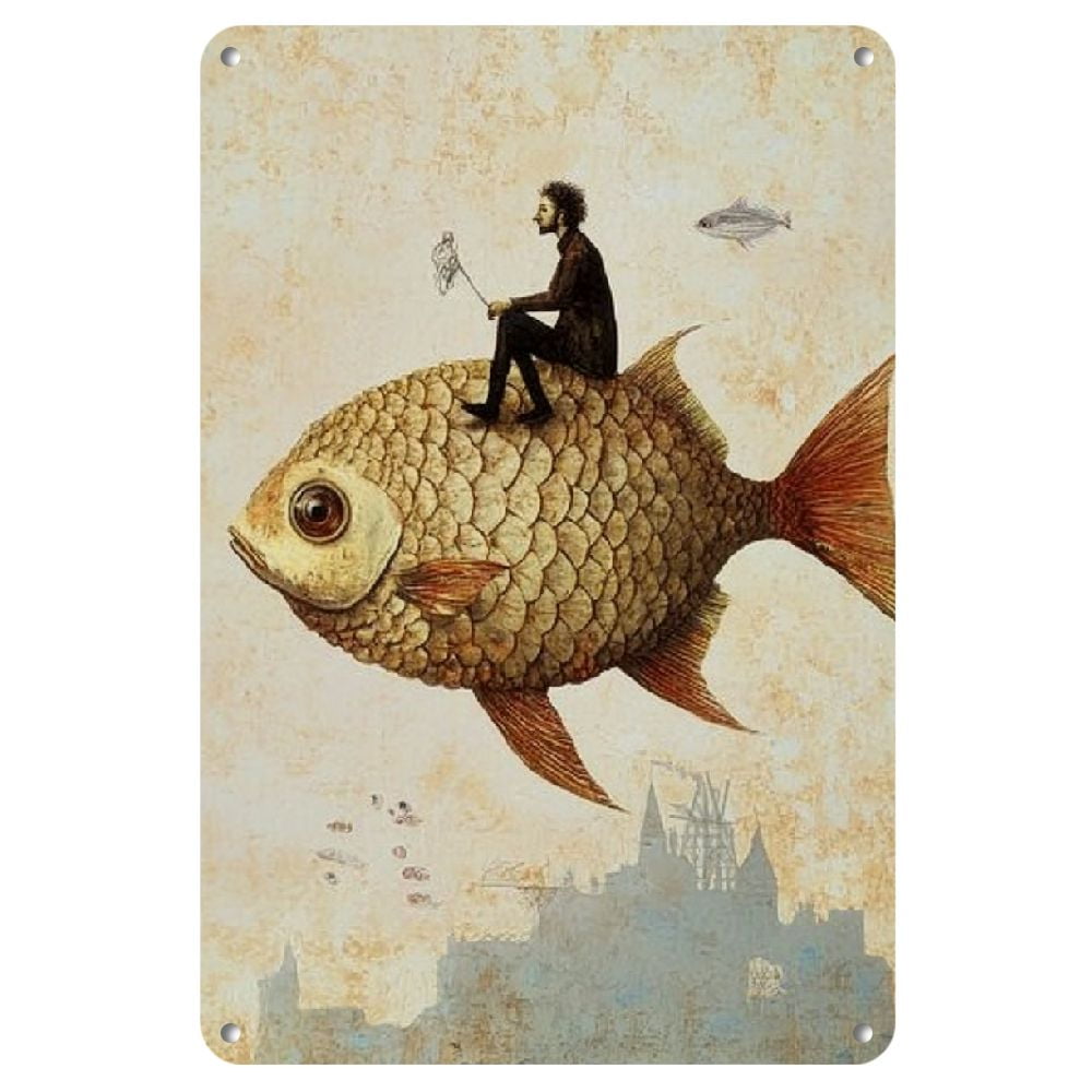 [Durable Build] Vintage Fish Rider Metal Tin Sign - 8x12 Inch Whimsical ...