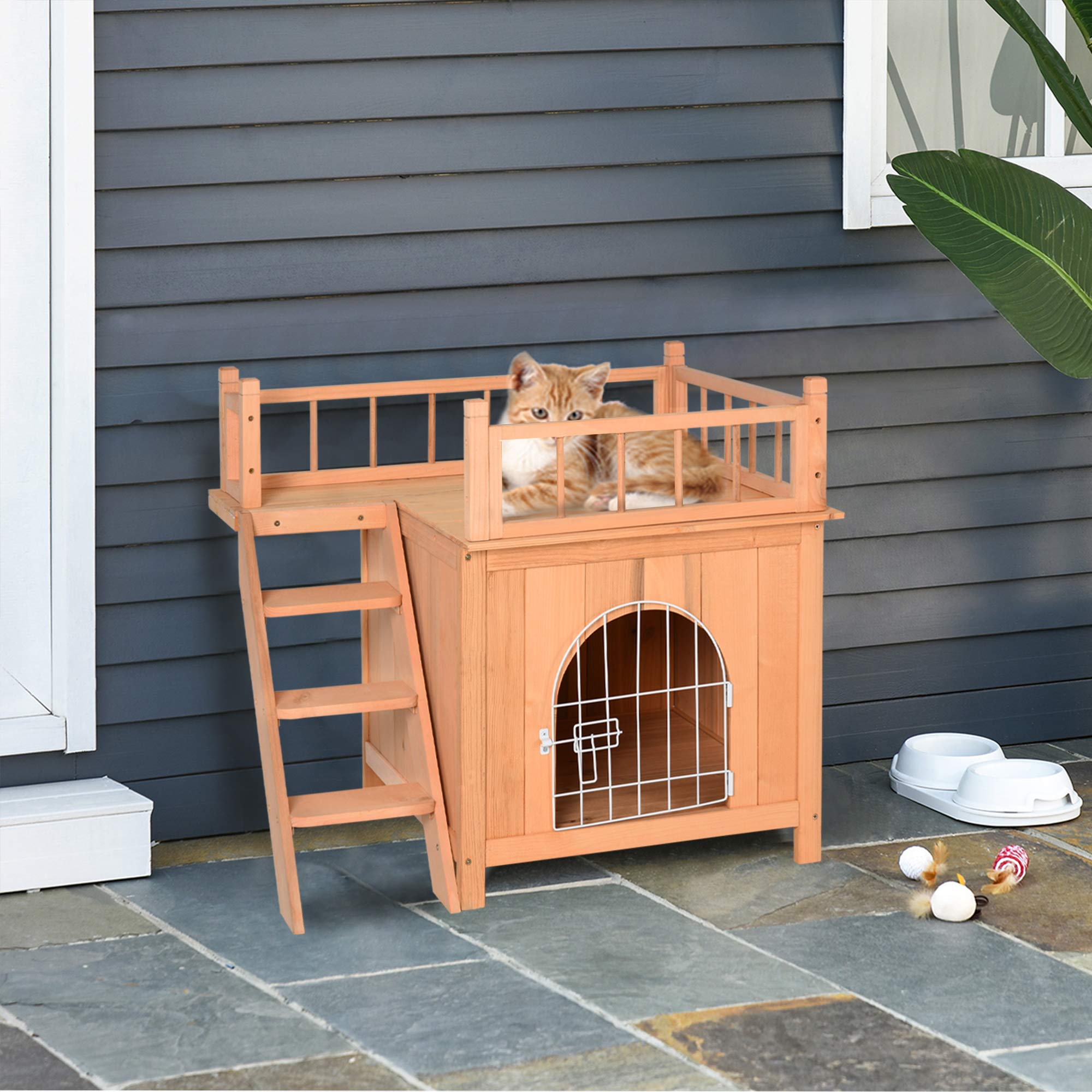 Durable Fir Wood Cat Shelter with 2 Levels and Locking Gate, Elevated ...