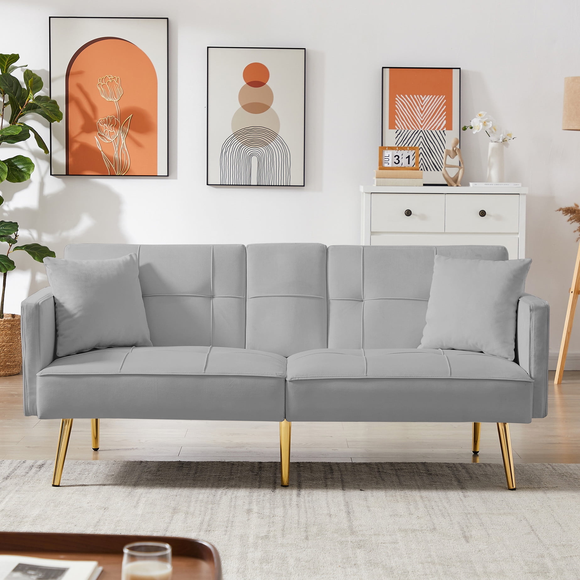 Durable Grey Velvet Futon with Gold Legs, 3 Positions - Adaptable for ...