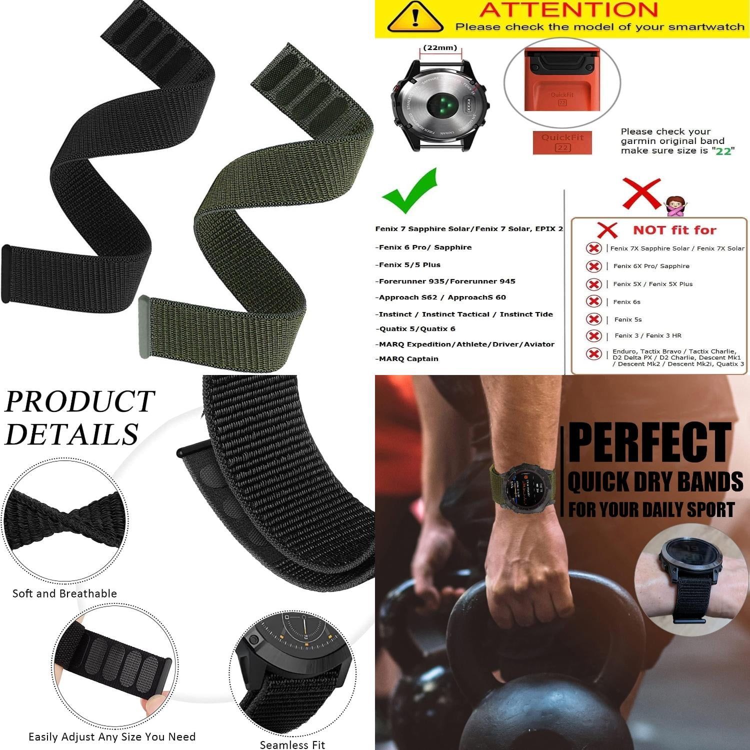 Durable and High-Quality Olytop Instinct EPIX Gen 2 Watch Bands - 22mm Quick Dry Nylon Sport ...