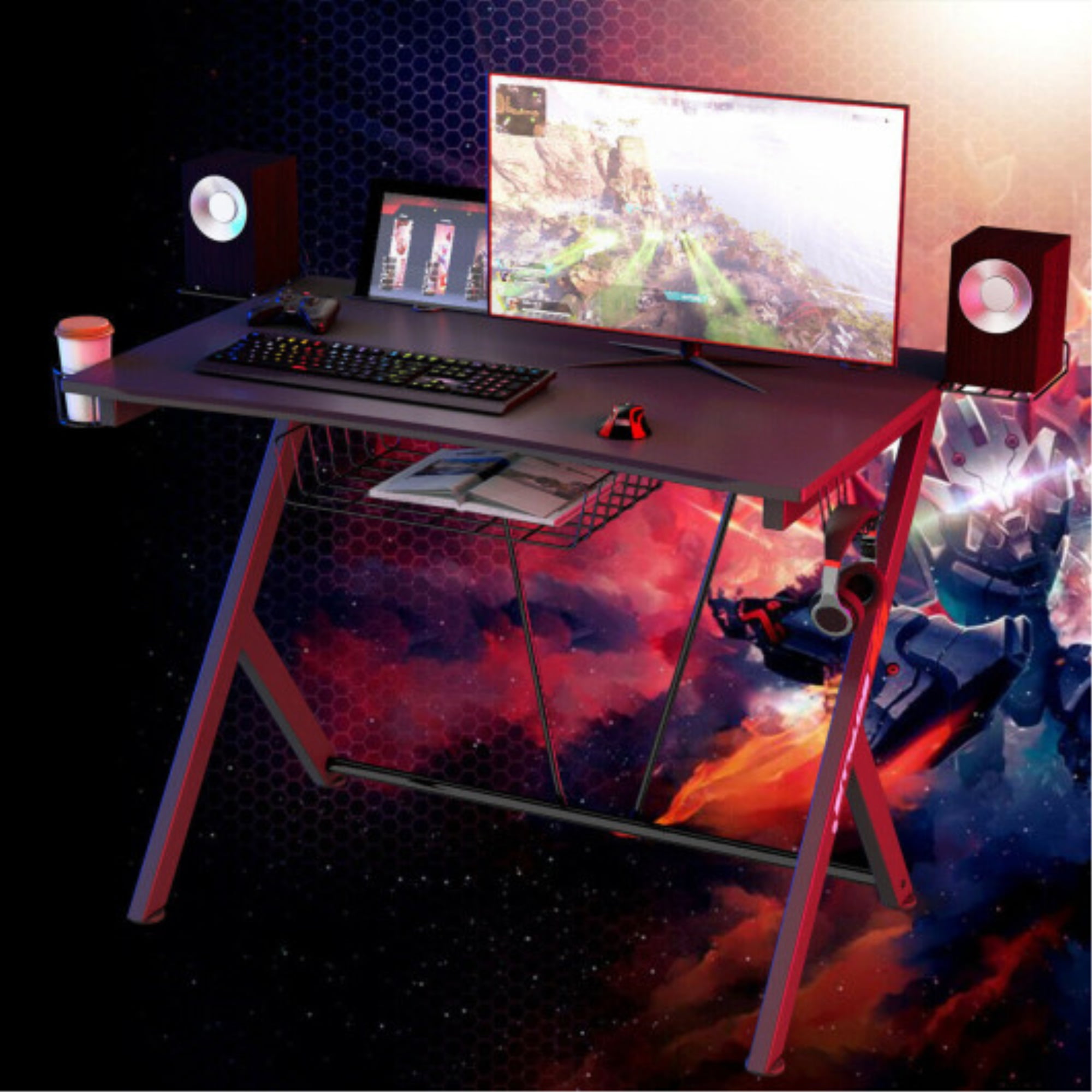 Durable K-Shaped Gaming Desk with Storage and Ergonomic Design ...