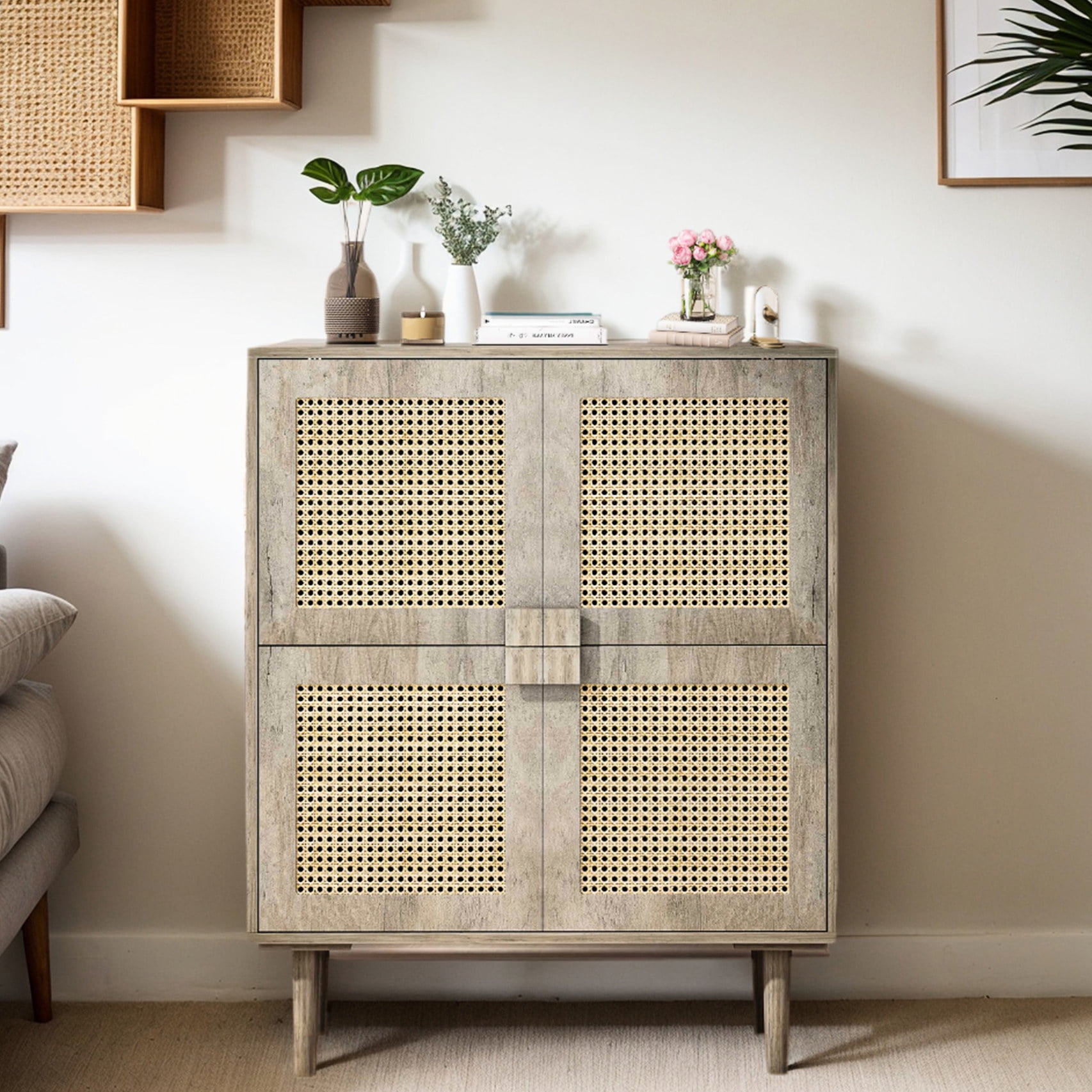 Durable MDF Storage Cabinet with Rattan Doors / Long-Term Use without ...