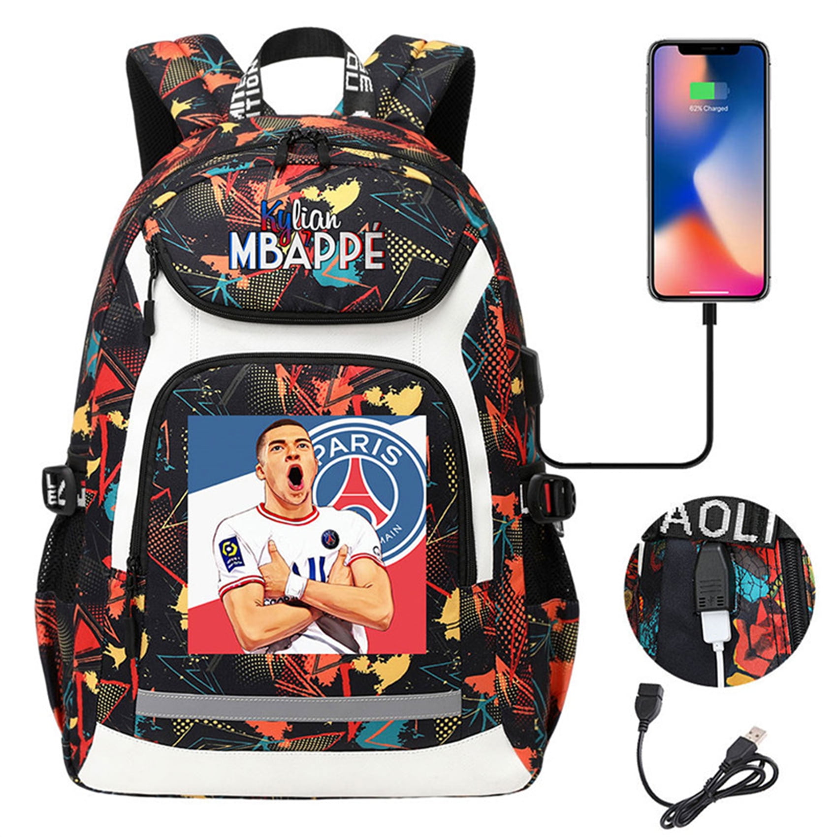 Durable Mbappe Graphic Travel Backpack Teens Multifunction USB Knapsack ...
