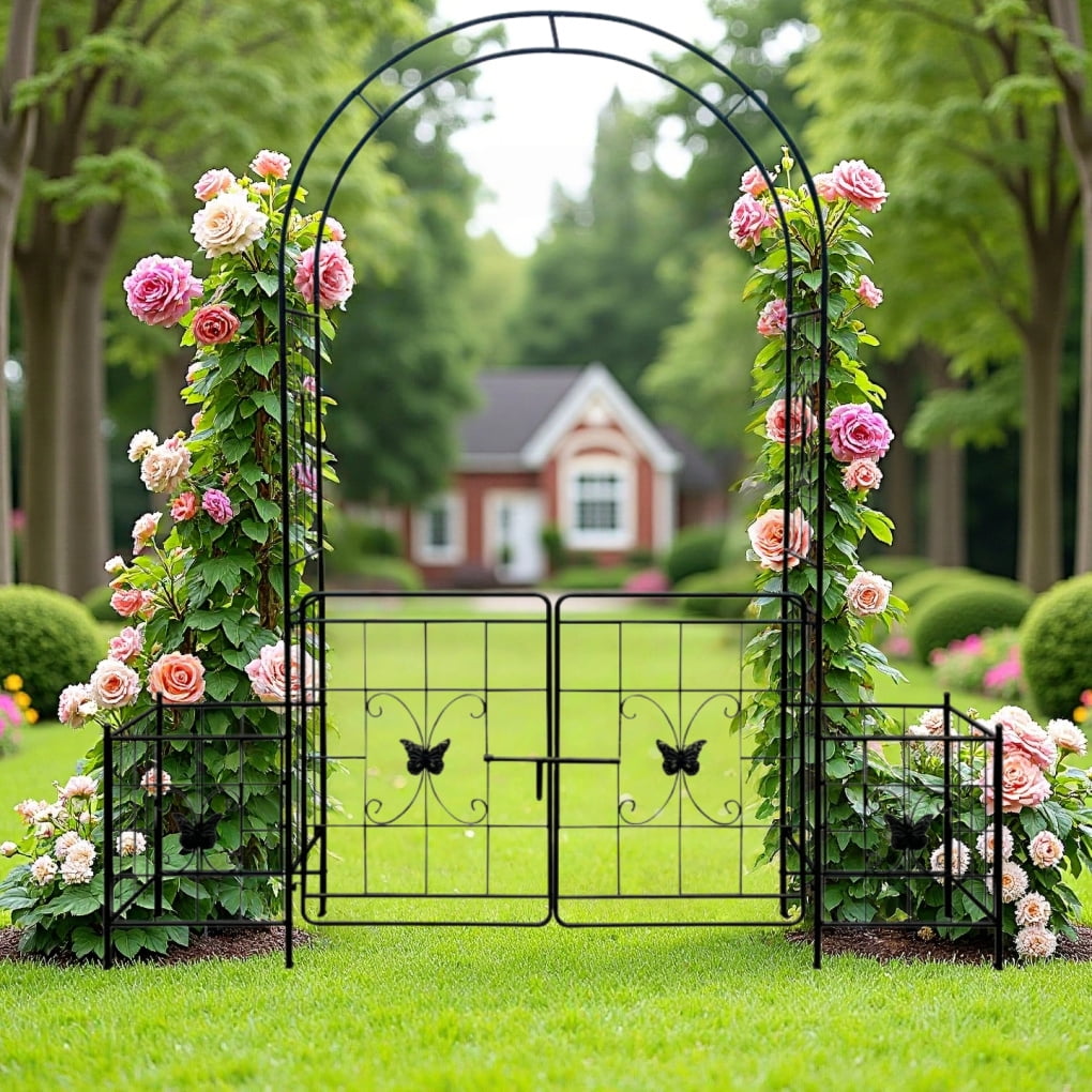 Durable Metal Garden Arch Trellis with Gate - Wedding & Plant Climbing ...