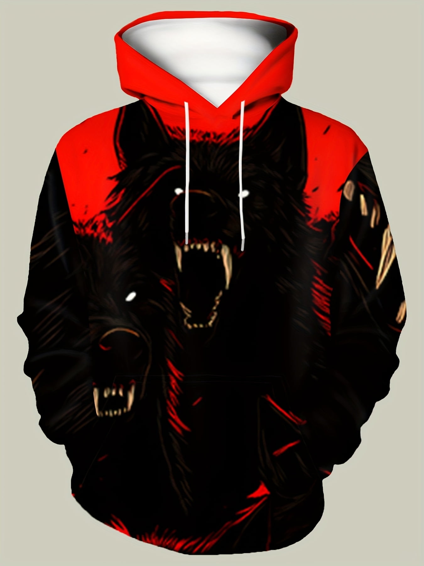 Durable Polyester Fiber Hoodie, Red and Black Wolf Pattern Print ...