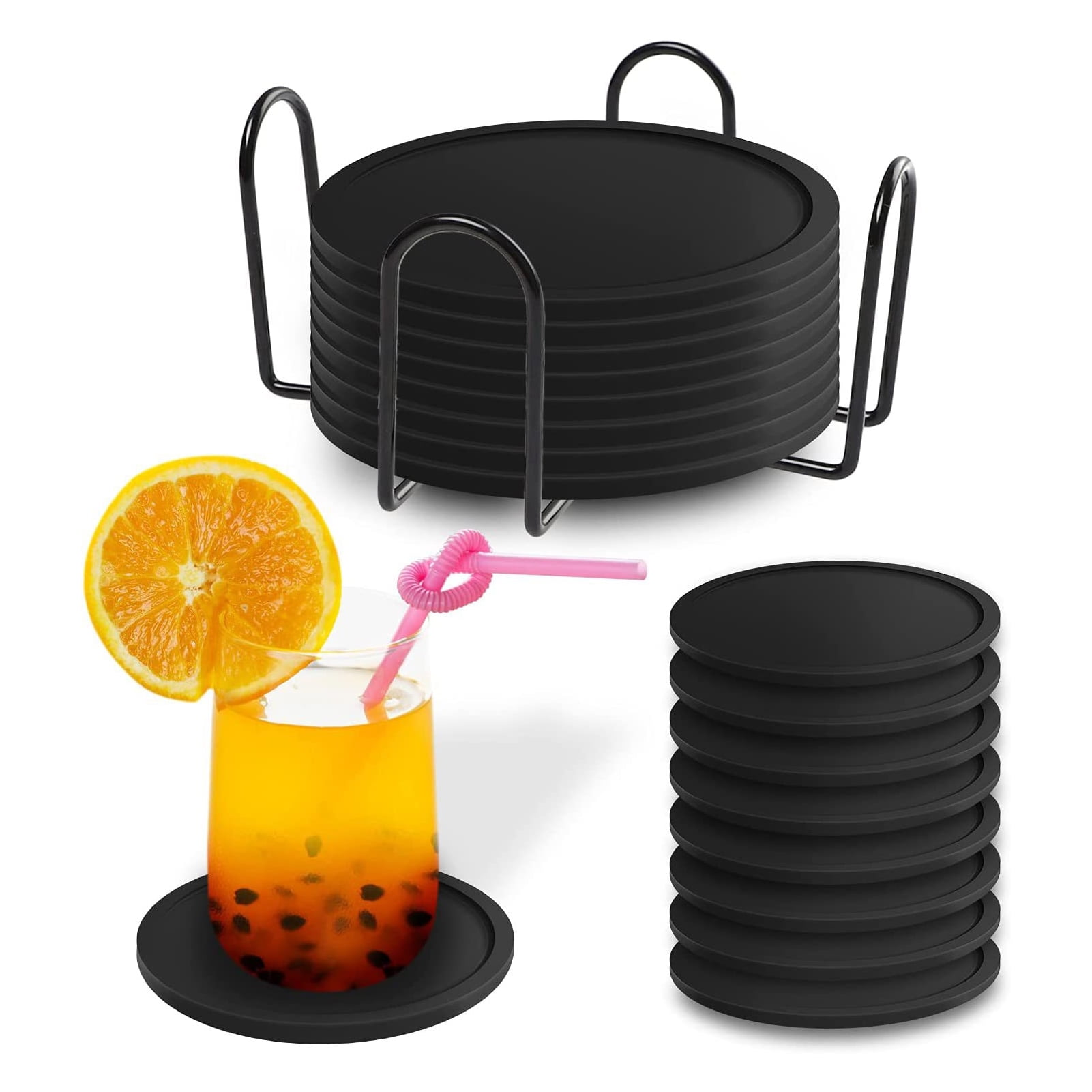 Durable Silicone Cup Mats, 12 Coasters with Holder, Prevents Spills ...