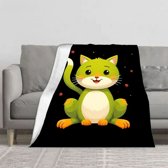 Durable Soft Flannel Blanket - Cozy Cartoon Green Cat Design with ...