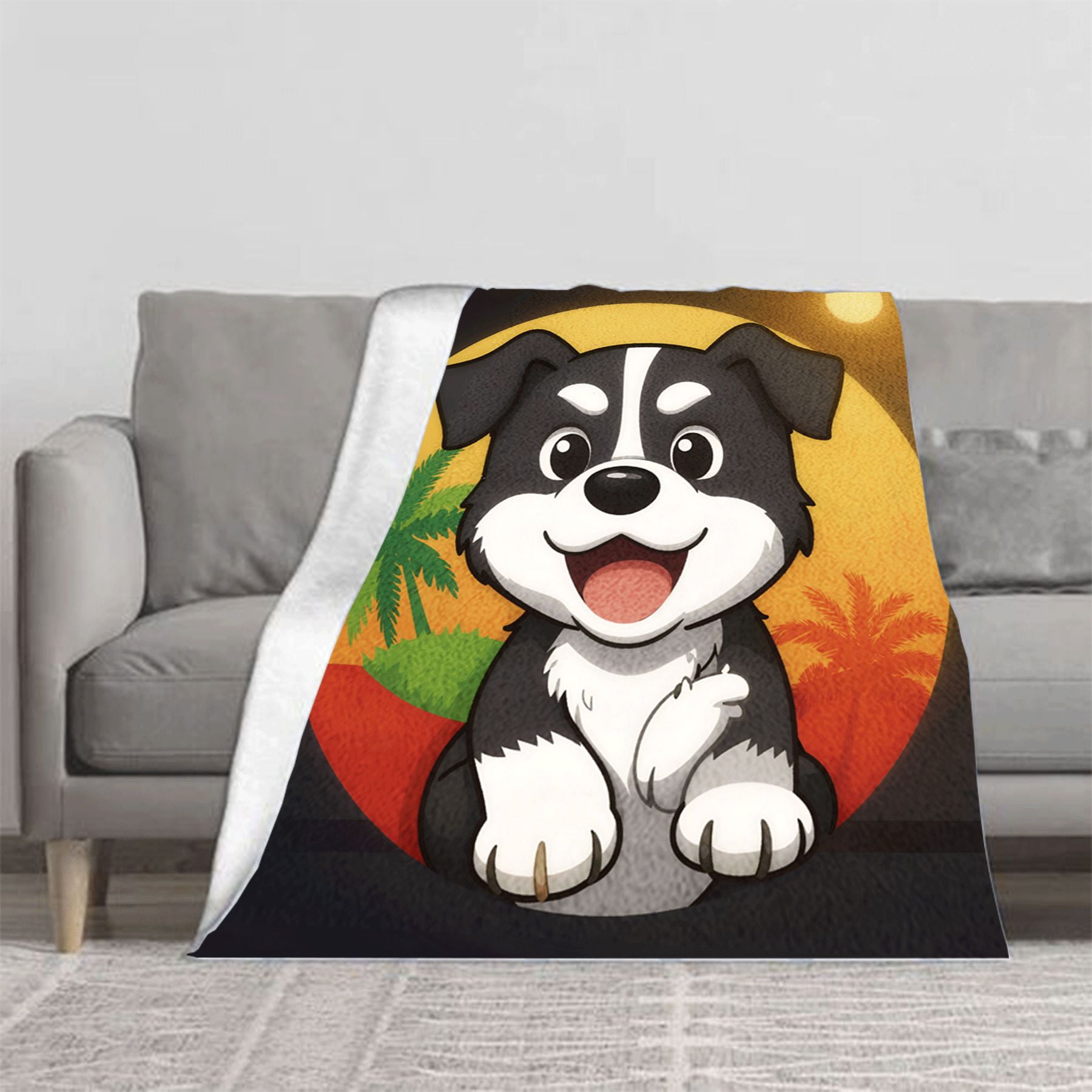 Durable Soft Flannel Blanket - Cozy Cartoon Puppy Design with Sunset ...