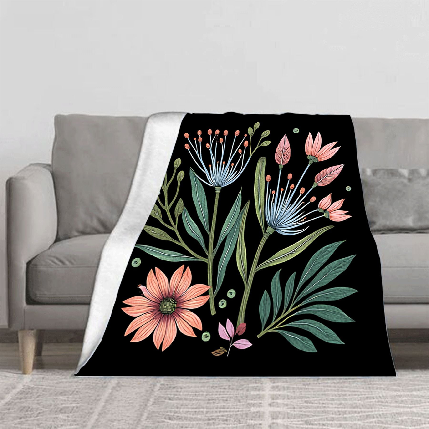 Durable Soft Flannel Blanket - Cozy Floral Design with Intricate Green ...