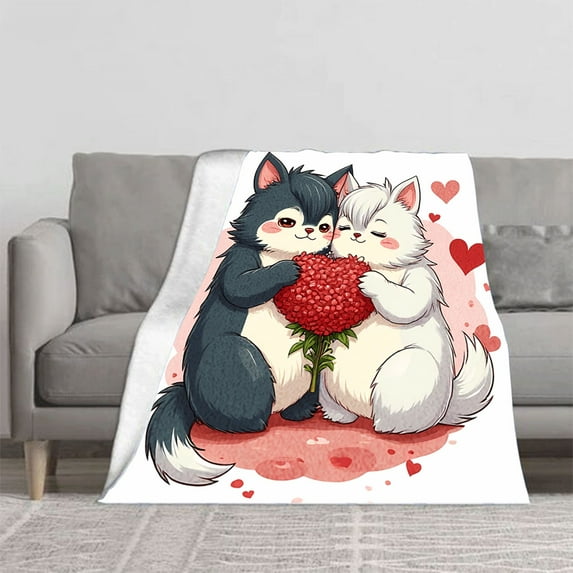 Durable Soft Flannel Blanket with Adorable Cartoon Dogs & Heart Design ...