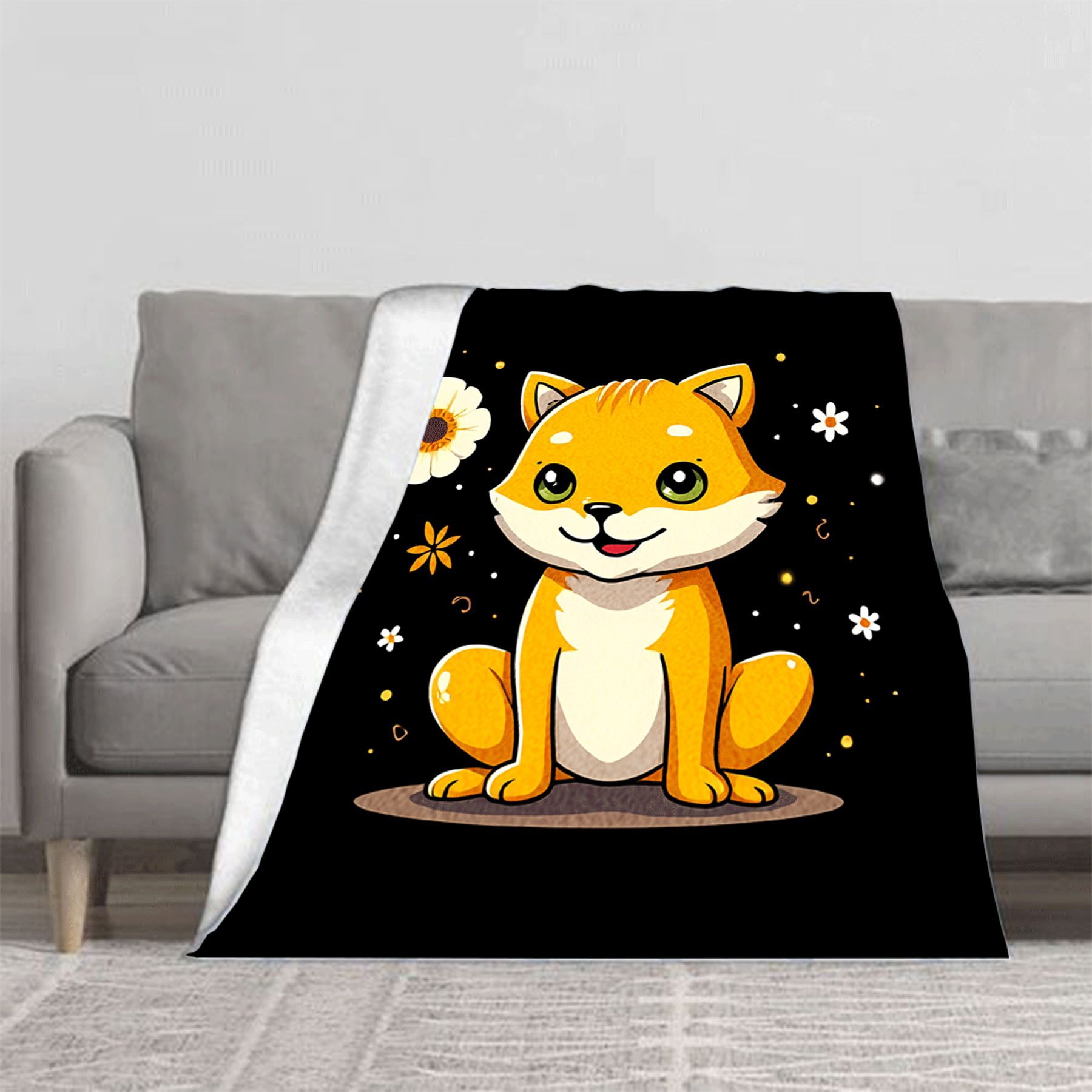 Durable Soft Flannel Blanket with Playful Cartoon Fox Design Cheerful ...