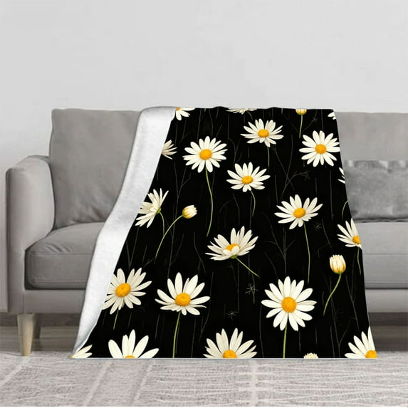Durable Soft Flannel Blanket with White Daisies on Black Background ...
