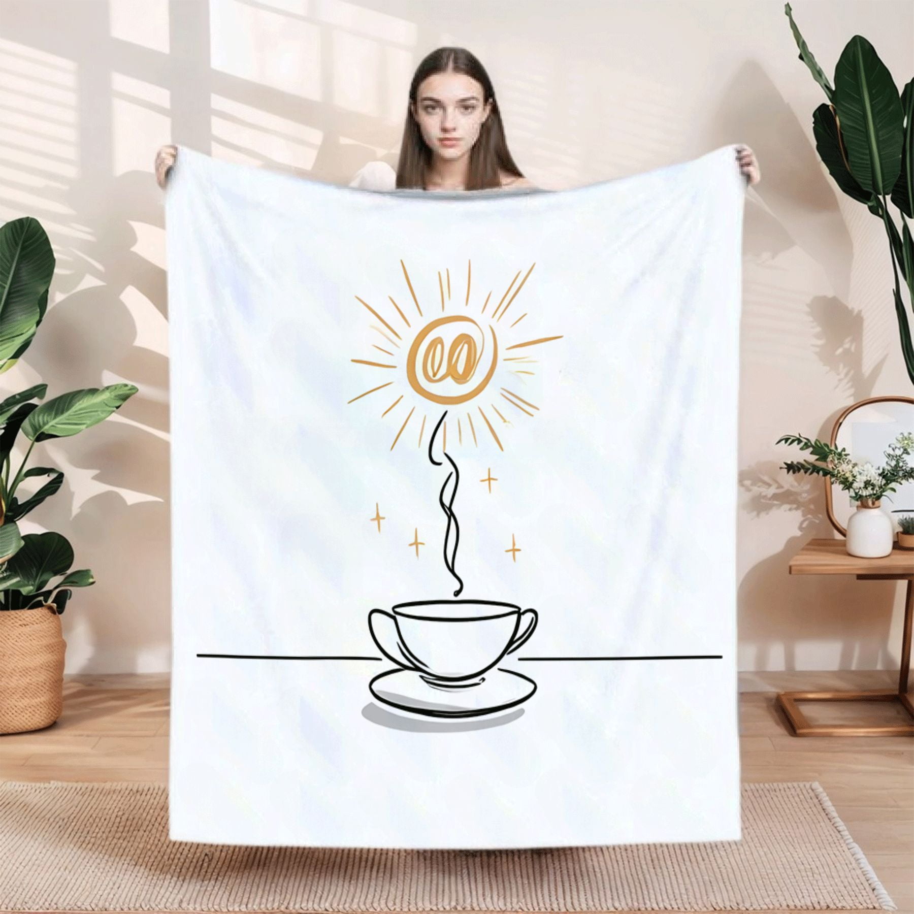 Durable Soft & Warm Flannel Blanket - Cozy Coffee & Sun Design for Sofa ...