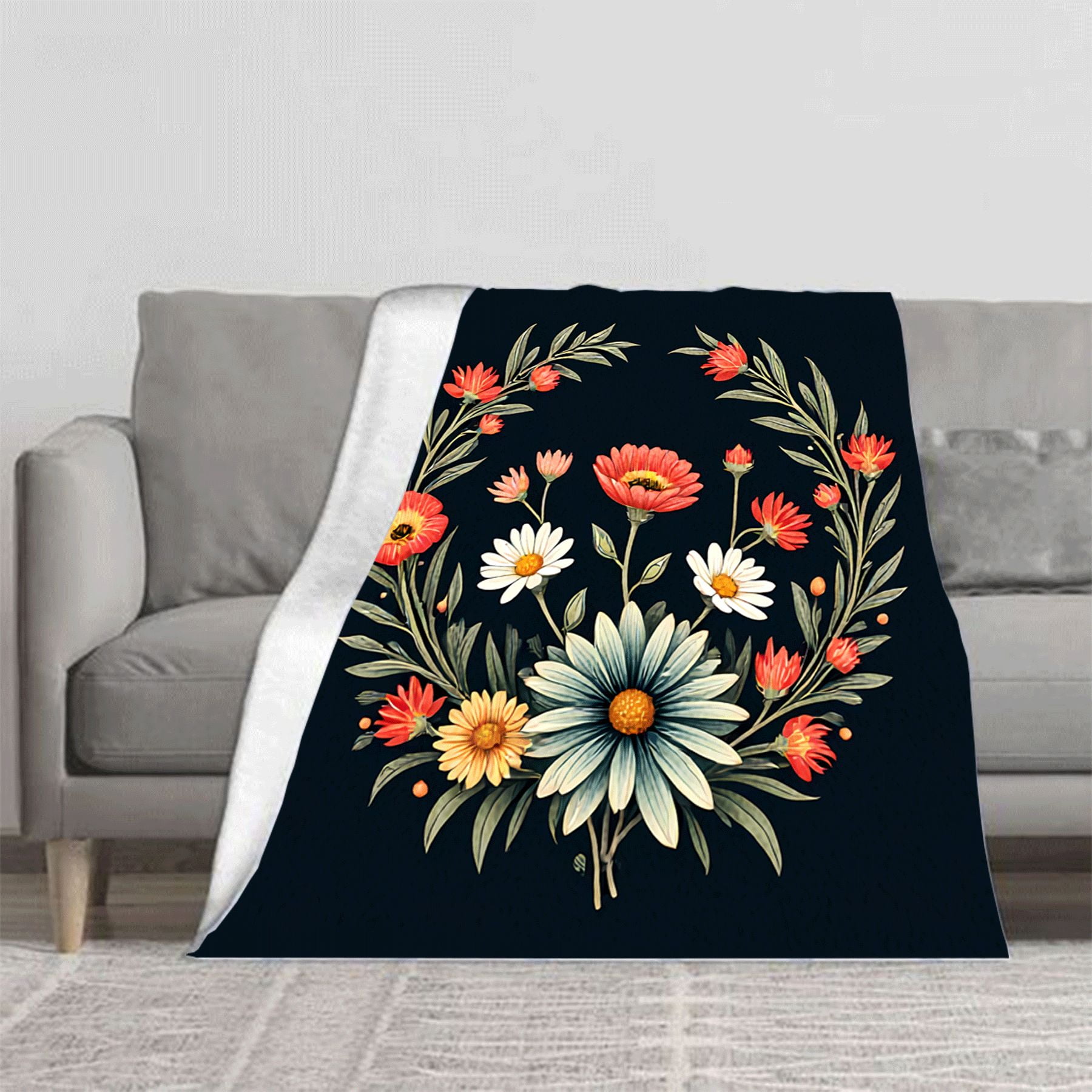 Durable Soft & Warm Flannel Blanket - Cozy Floral Design with Blue ...