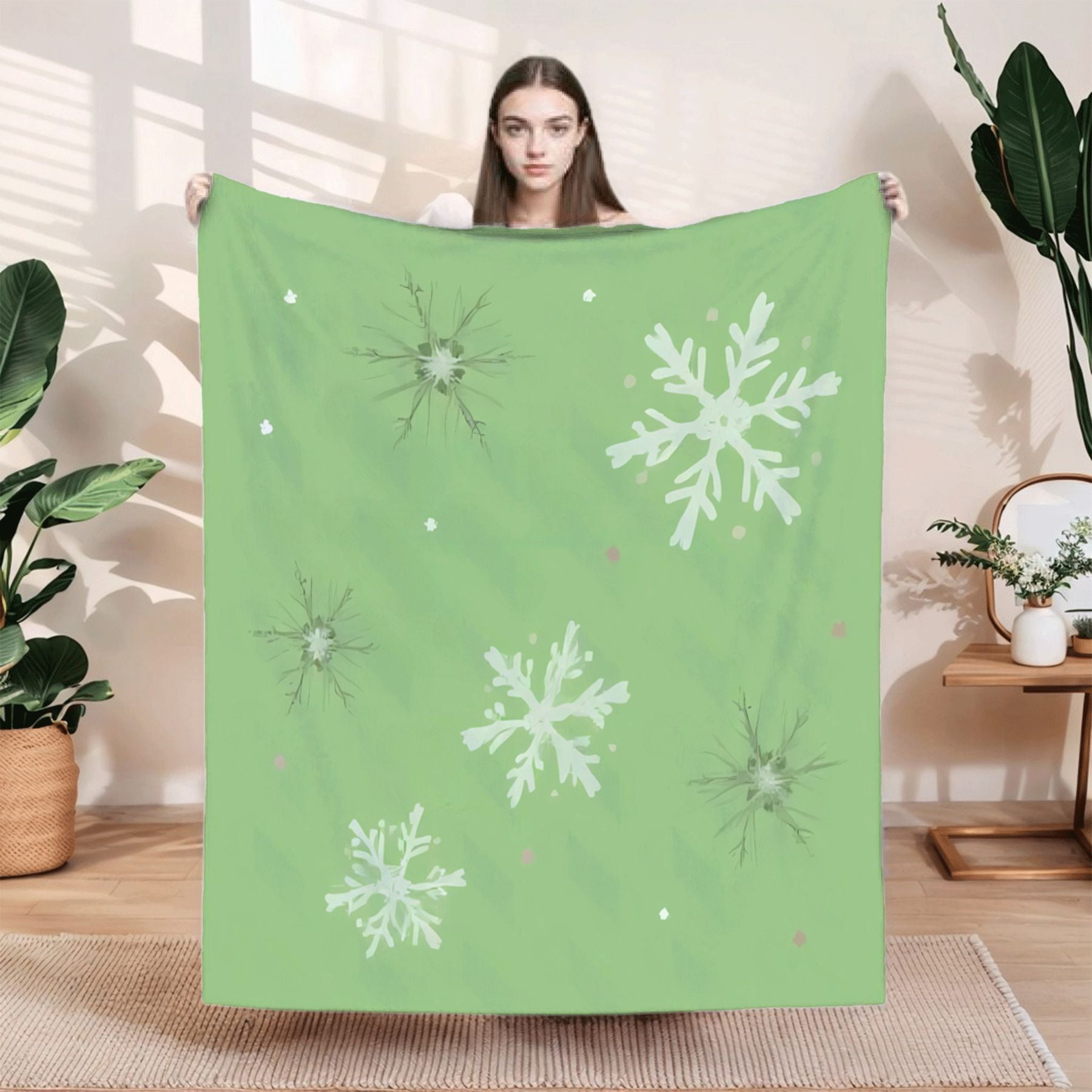 Durable Soft & Warm Flannel Blanket - Cozy Green Snowflake Design with Intricate Patterns ...