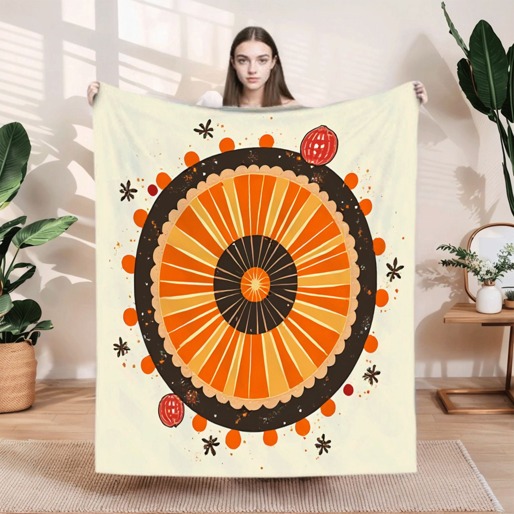 Durable Soft & Warm Flannel Blanket - Cozy Mandala Design with Orange ...