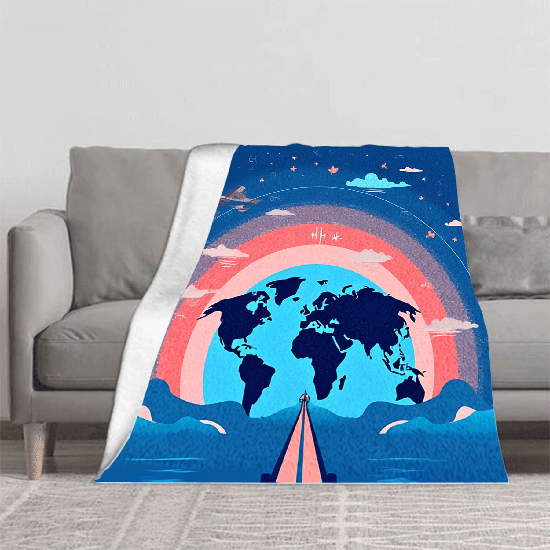Durable Soft & Warm Flannel Blanket - Cozy Rainbow World Map Design for ...