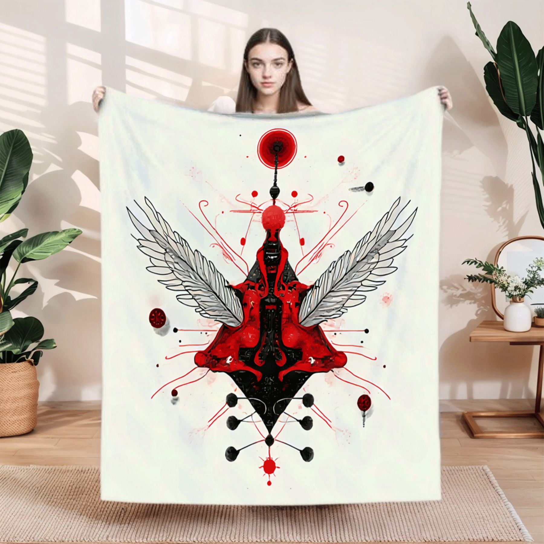 Durable Soft & Warm Flannel Blanket - Cozy Red & Black Geometric Wing ...