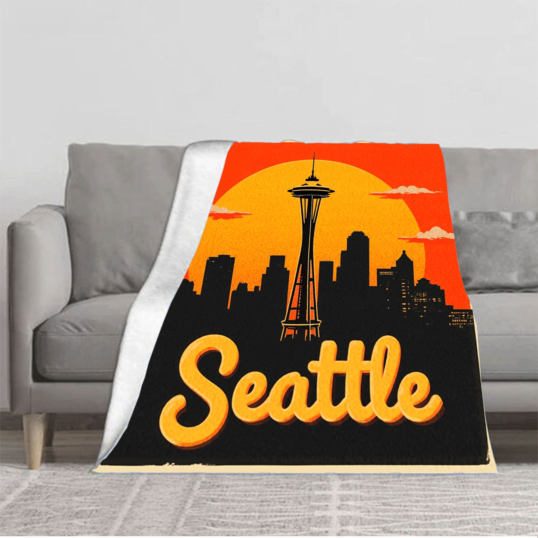Durable Soft & Warm Flannel Blanket - Cozy Retro Seattle Skyline Design ...